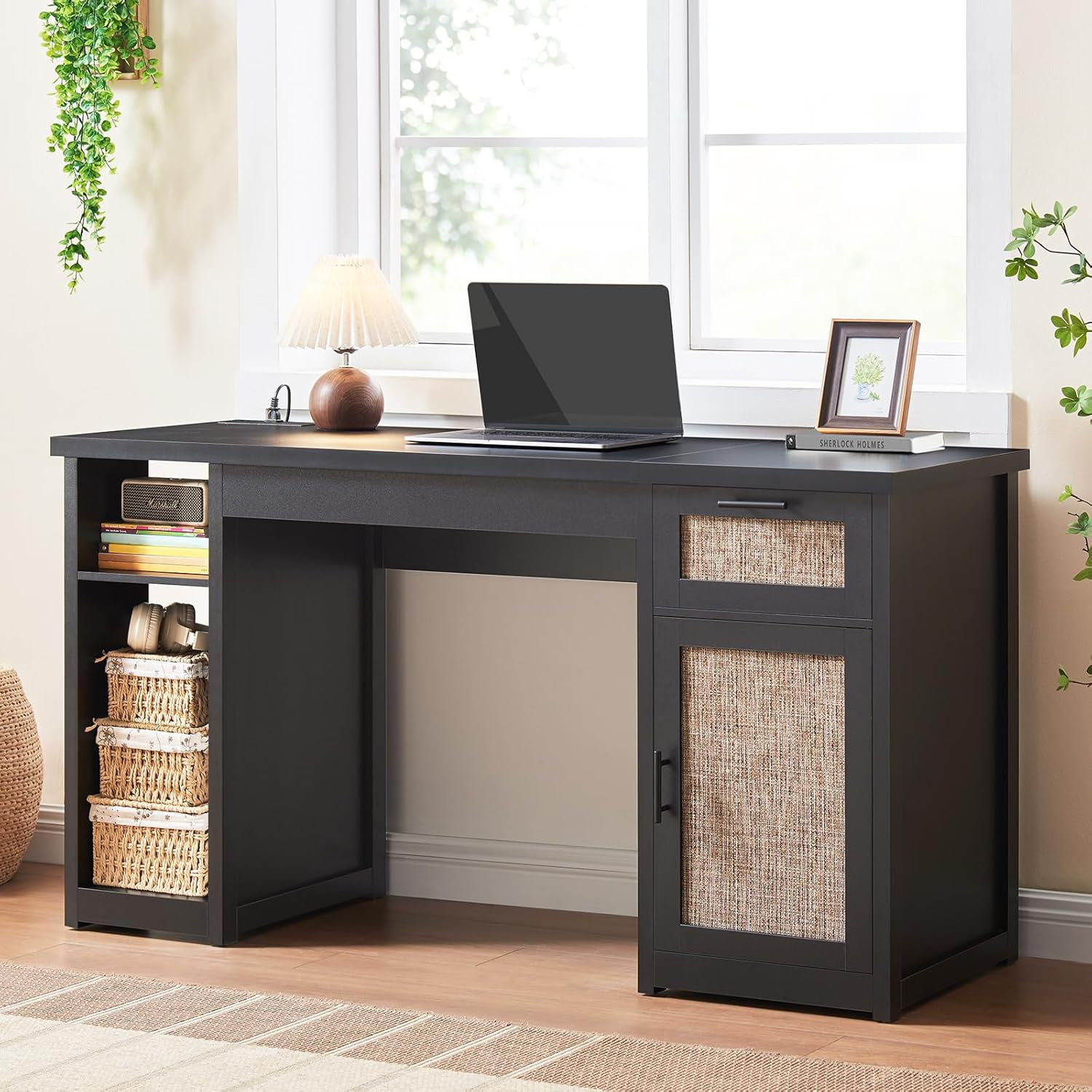 Bay Isle Home™ 55.1" Computer Desk With Drawer, Rattan Home Office ...