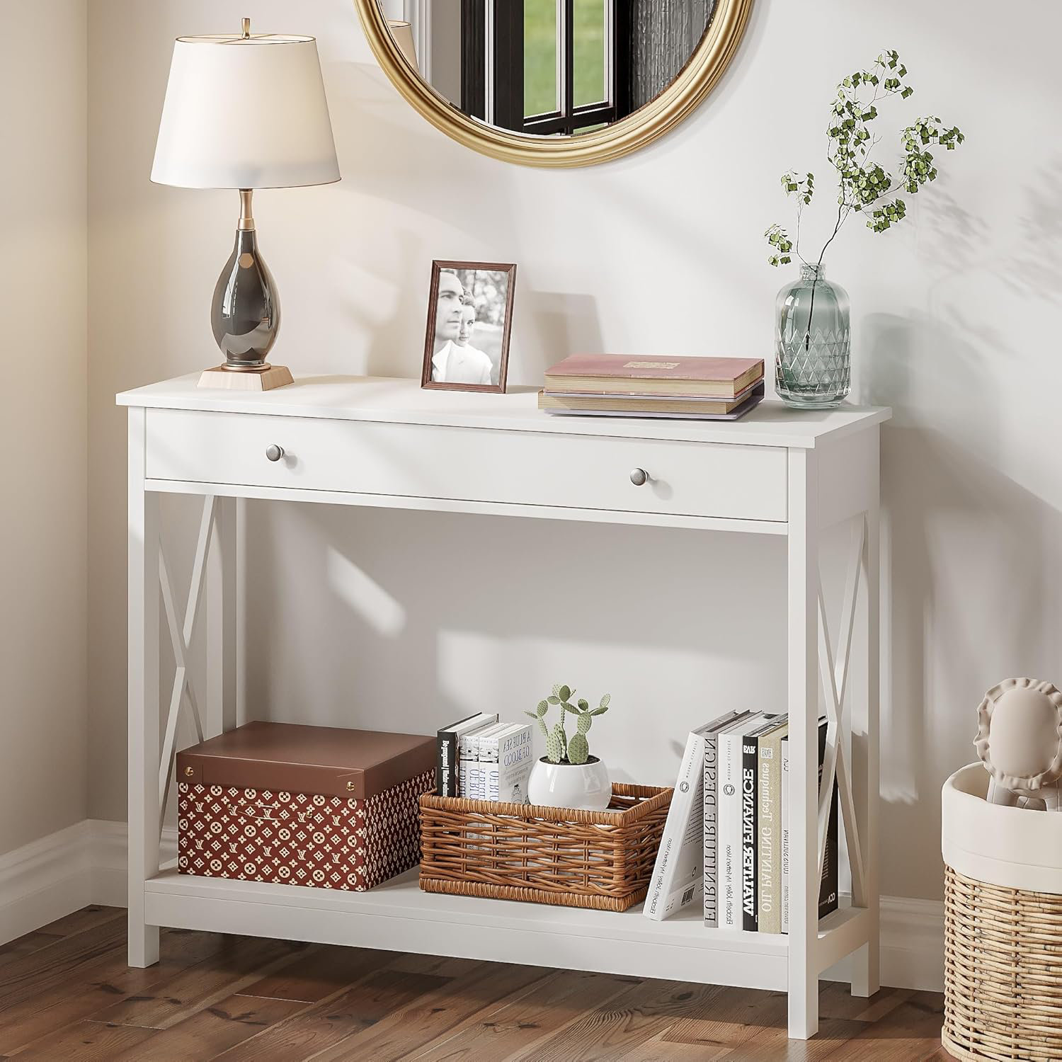 George Oliver White Console Table With Drawer And Storage Shelves ...