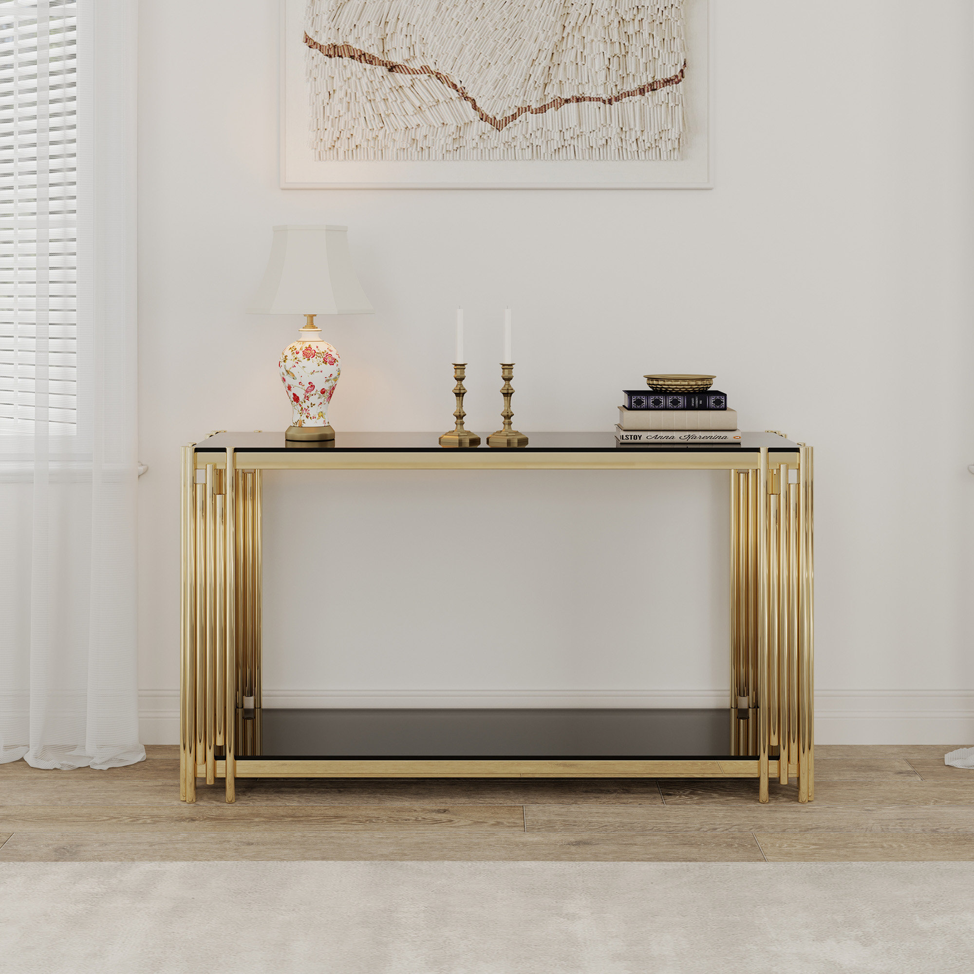Everly Quinn Glass Console Table, 55" Gold Sofa Table With Sturdy Metal ...