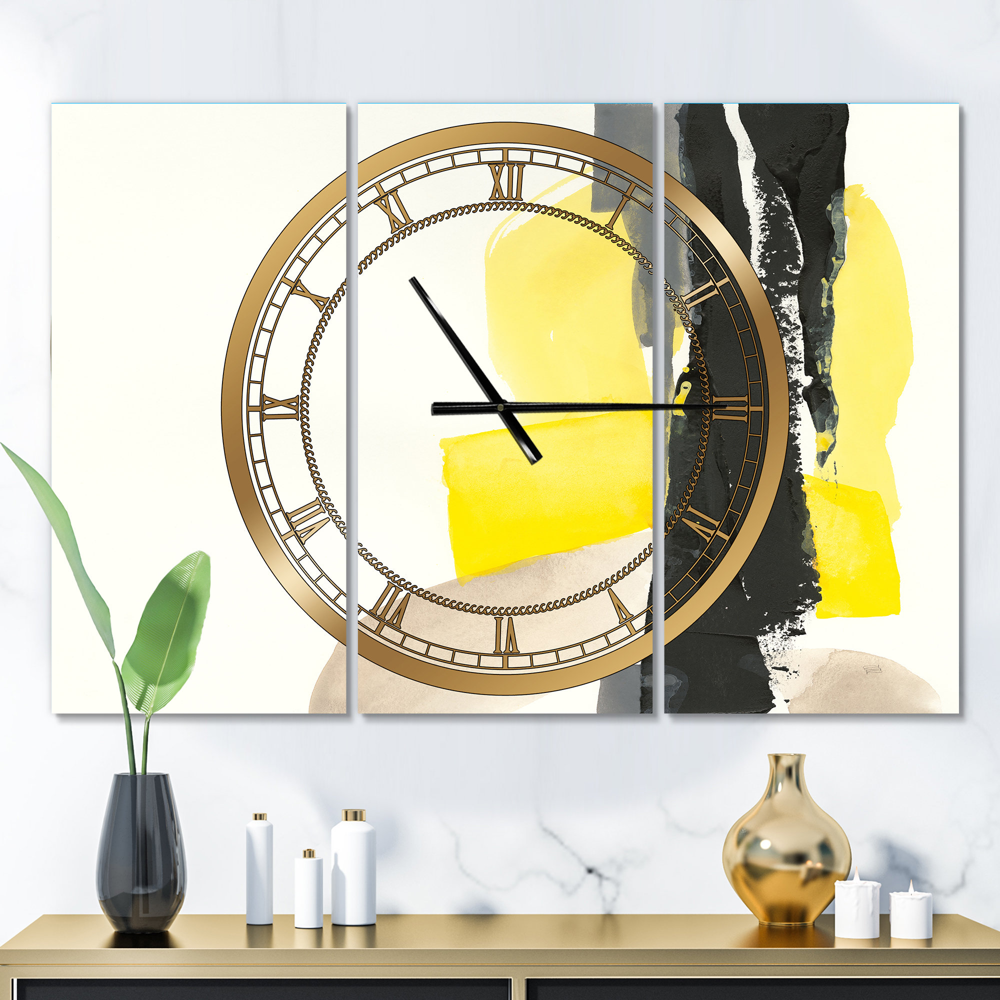 East Urban Home Glam Black and Yellow III - Modern wall clock | Wayfair
