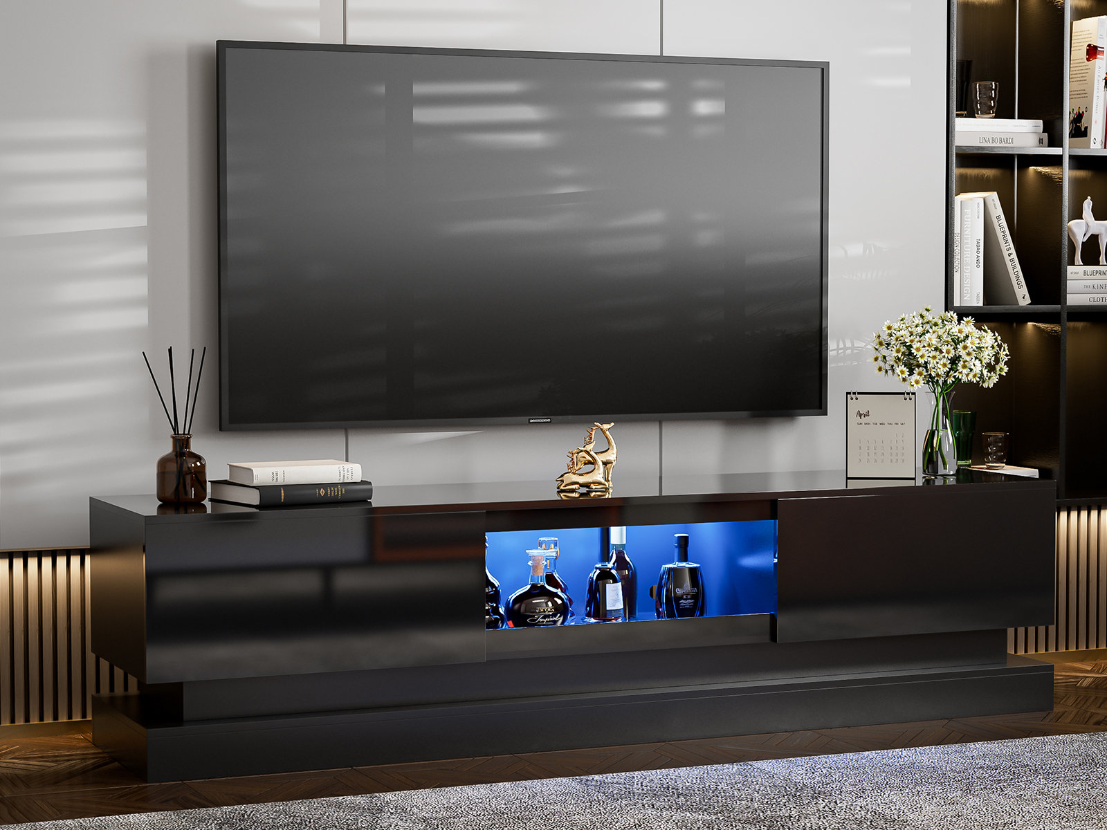 Ivy Bronx Delean Modern LED TV Stand for 85 inch TV with LED Lights and ...