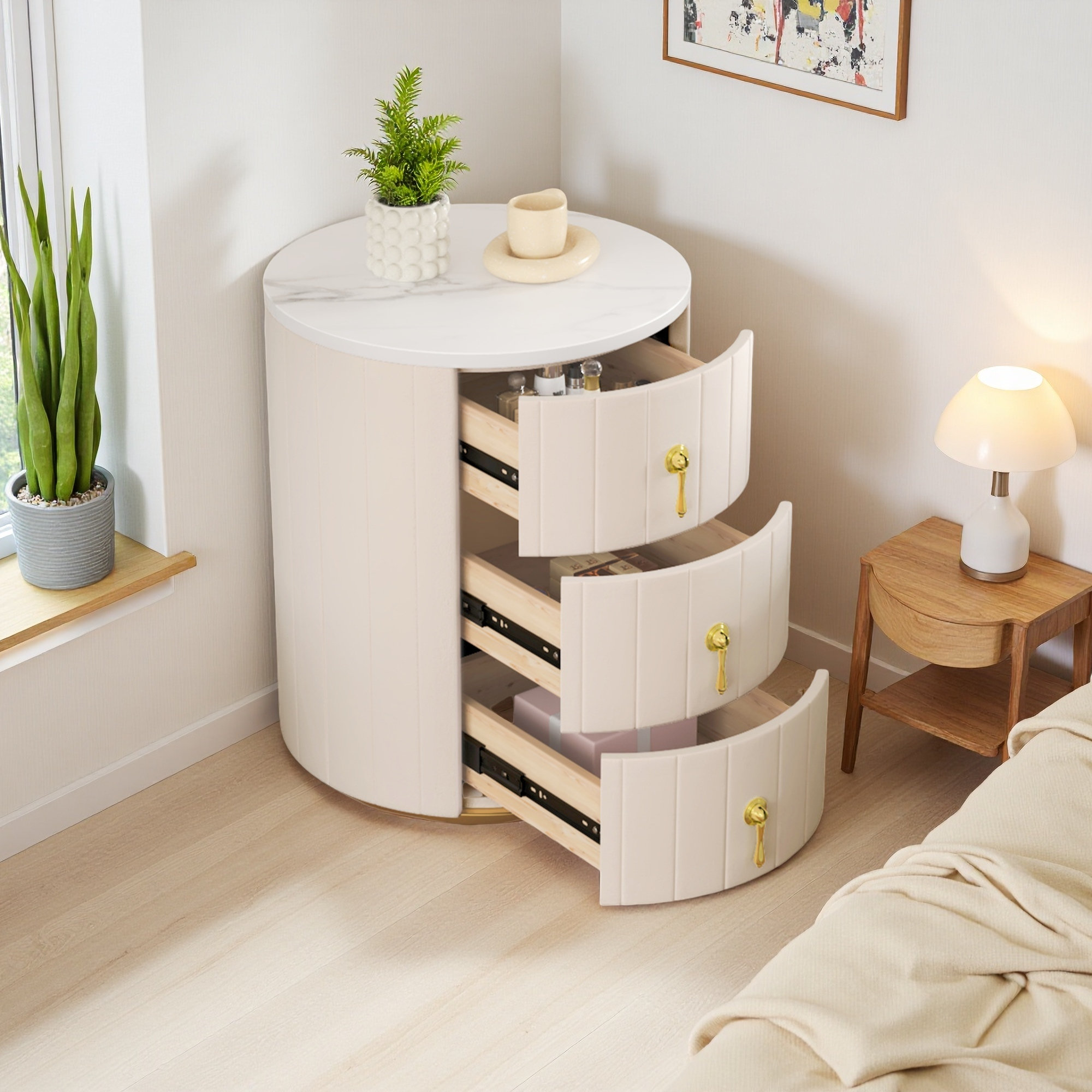 FAR AND NEAR Upholstered Nightstand With 3 Drawers, Round Bedside Table With Metal Handles ...