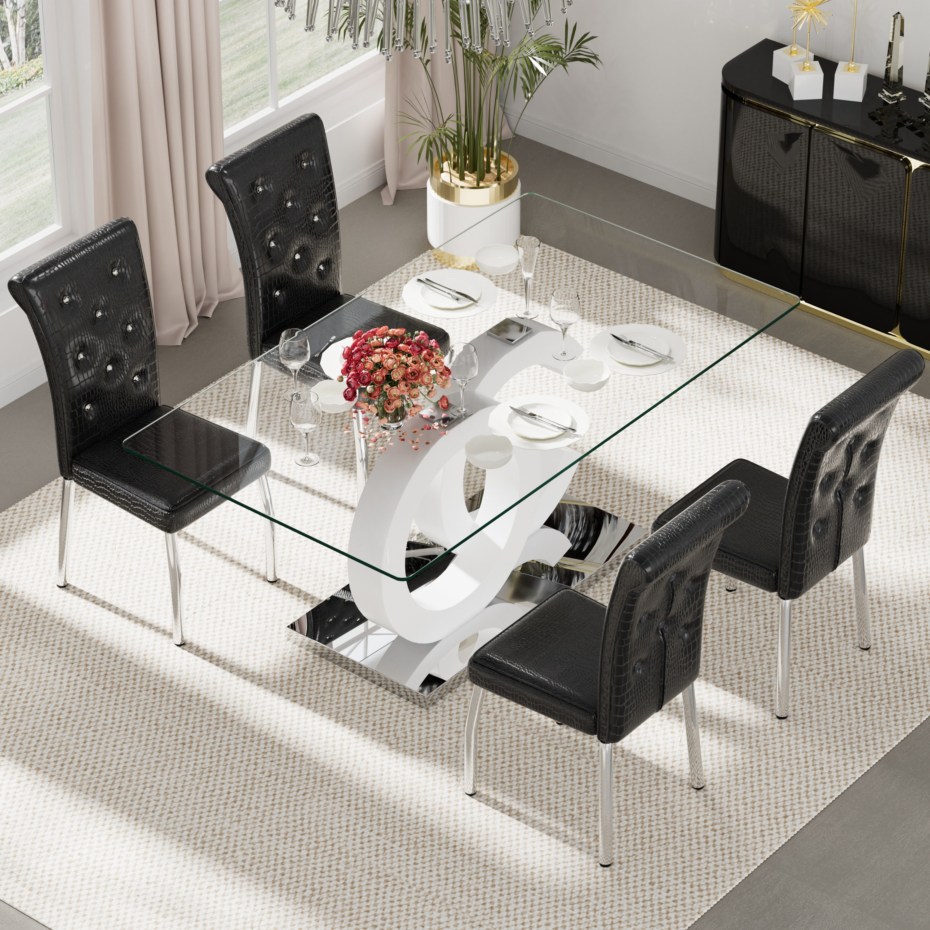 Ivy Bronx Pedestal Dining Set, 63'' Rectangle Glass Dining Table and ...