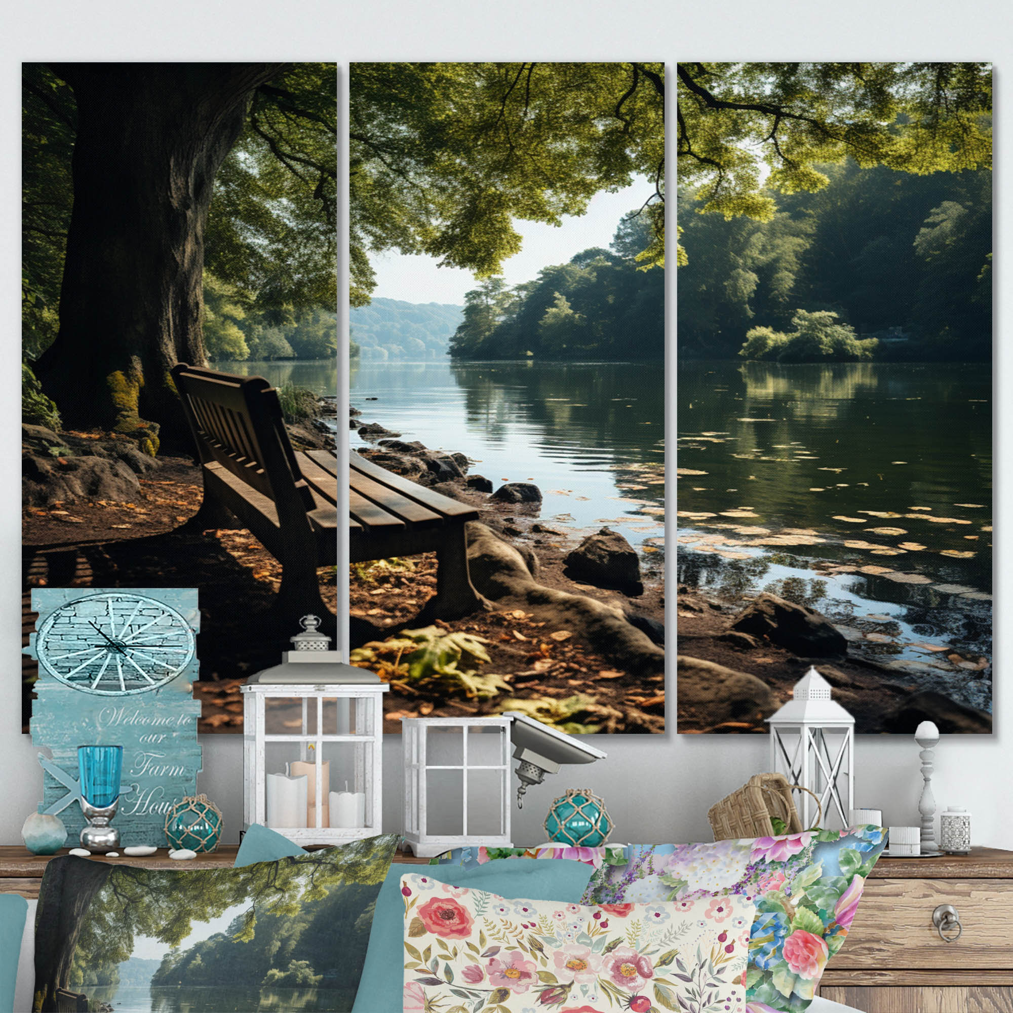 Millwood Pines Lakehouse Bench Relaxation I On Canvas 3 Pieces Print ...