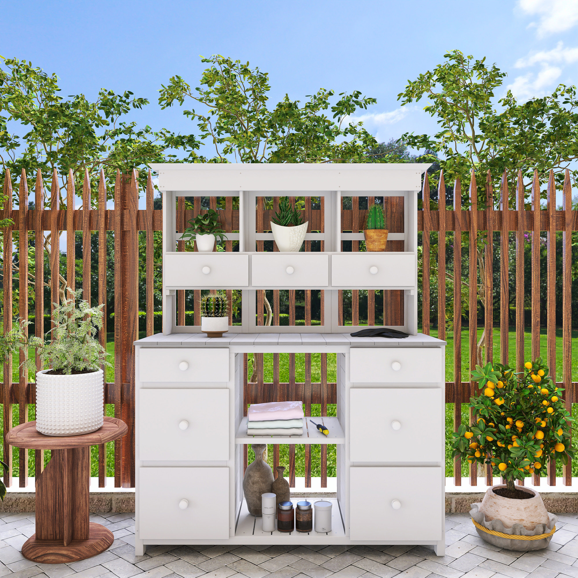 Red Barrel Studio Outdoor Potting Bench Table With Shelves, Multiple ...