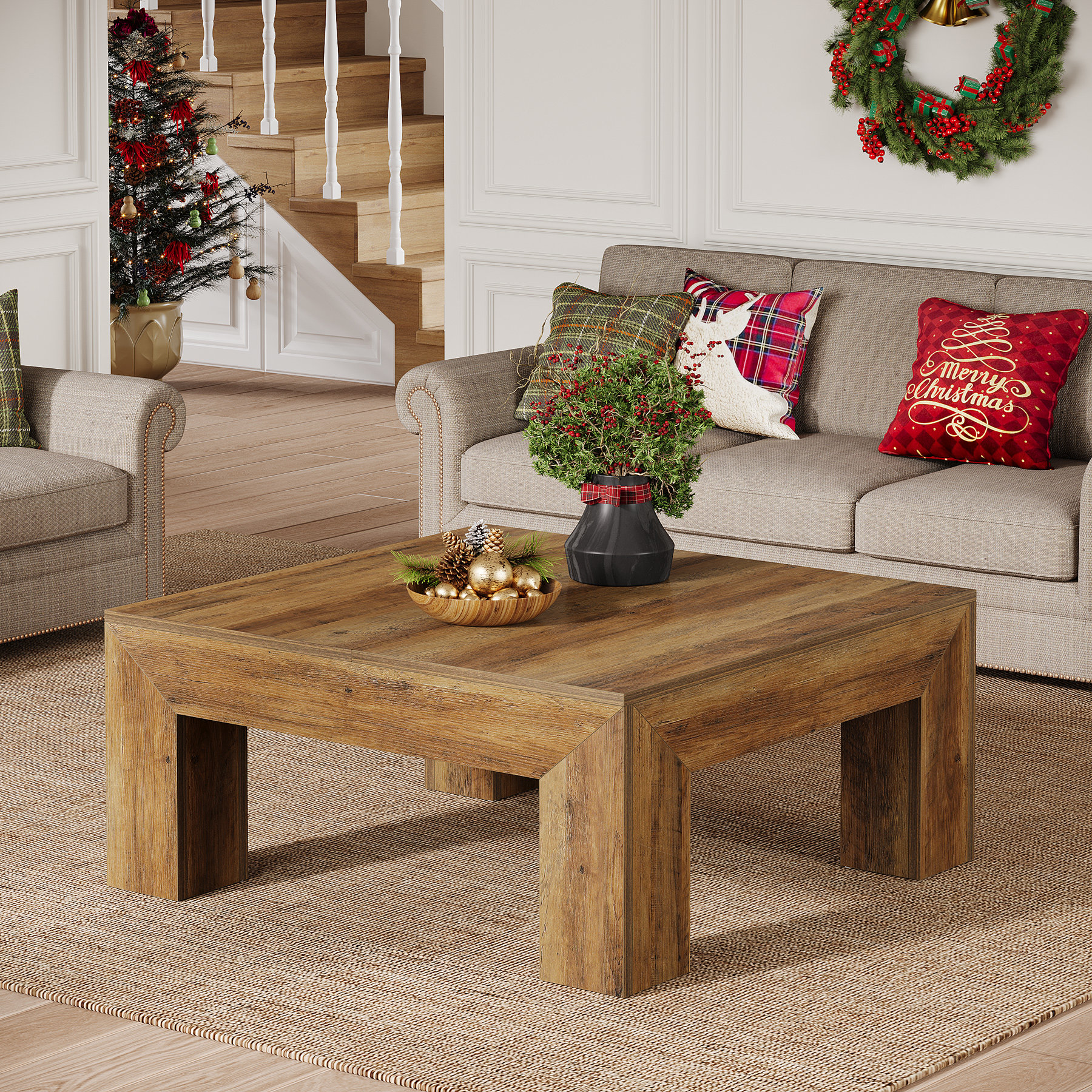 Millwood Pines 39.4-Inch Square Coffee Table, Wood Living Room Centre ...