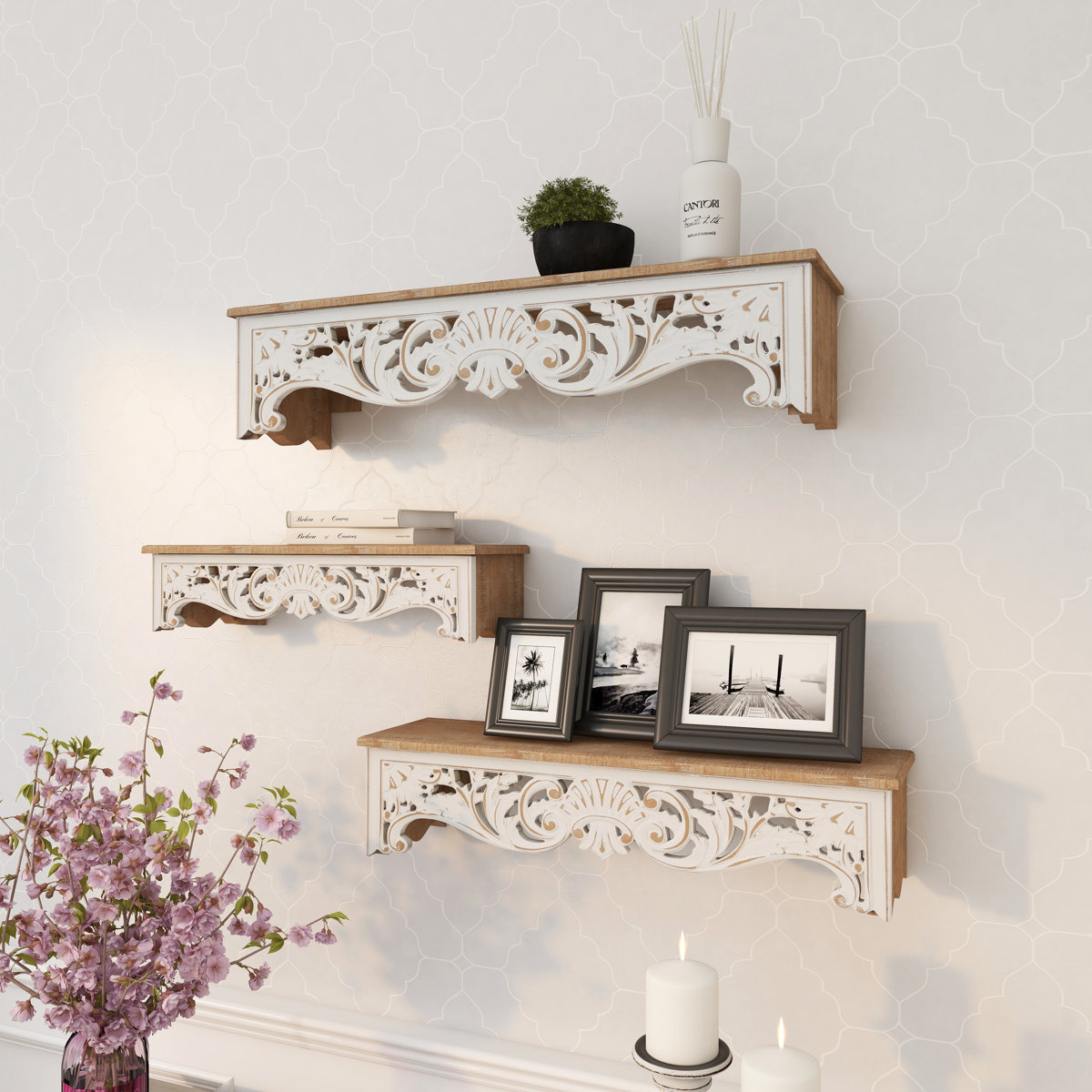 Bungalow Rose Cream Wooden Scroll Carved 3 Shelves Room Wall Shelf, Set ...