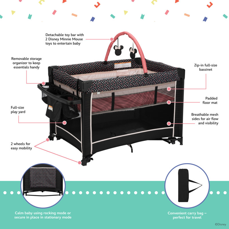 Disney Classic Minnie Mouse 2-in-1 Play Yard with Rocking Bassinet ...