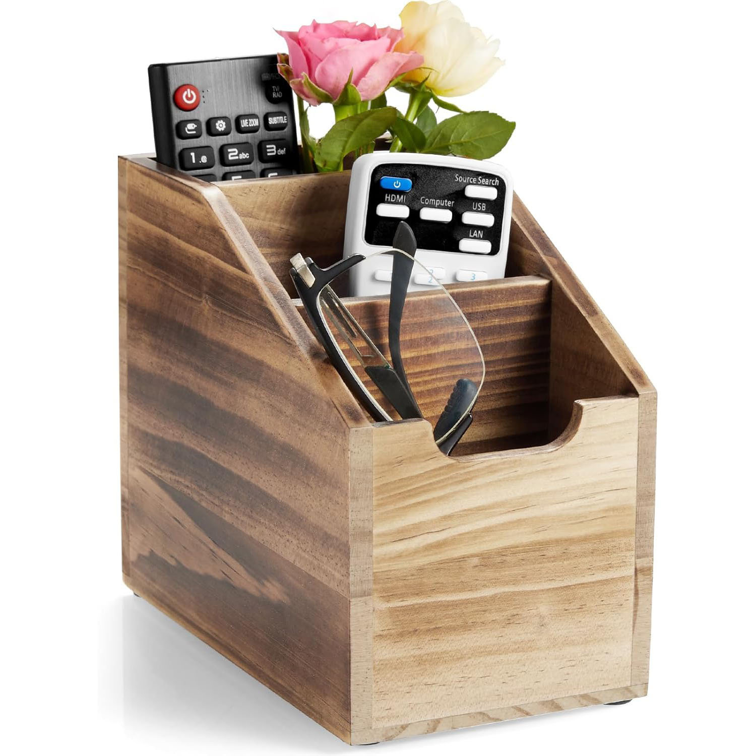 TIFONE 3-Slot Burnt Wood Farmhouse Remote Control Holder - Wooden ...