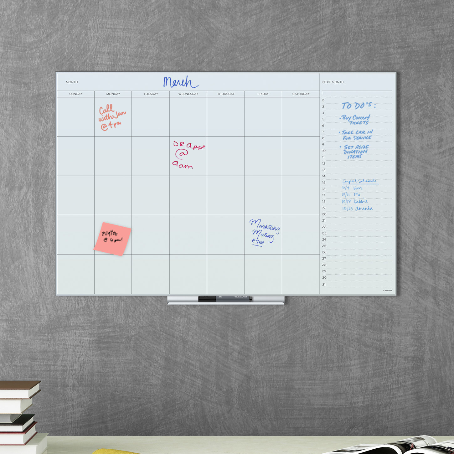 U Brands Wall Mounted Floating Glass Dry Erase Calendar Board, 47" X 35 ...