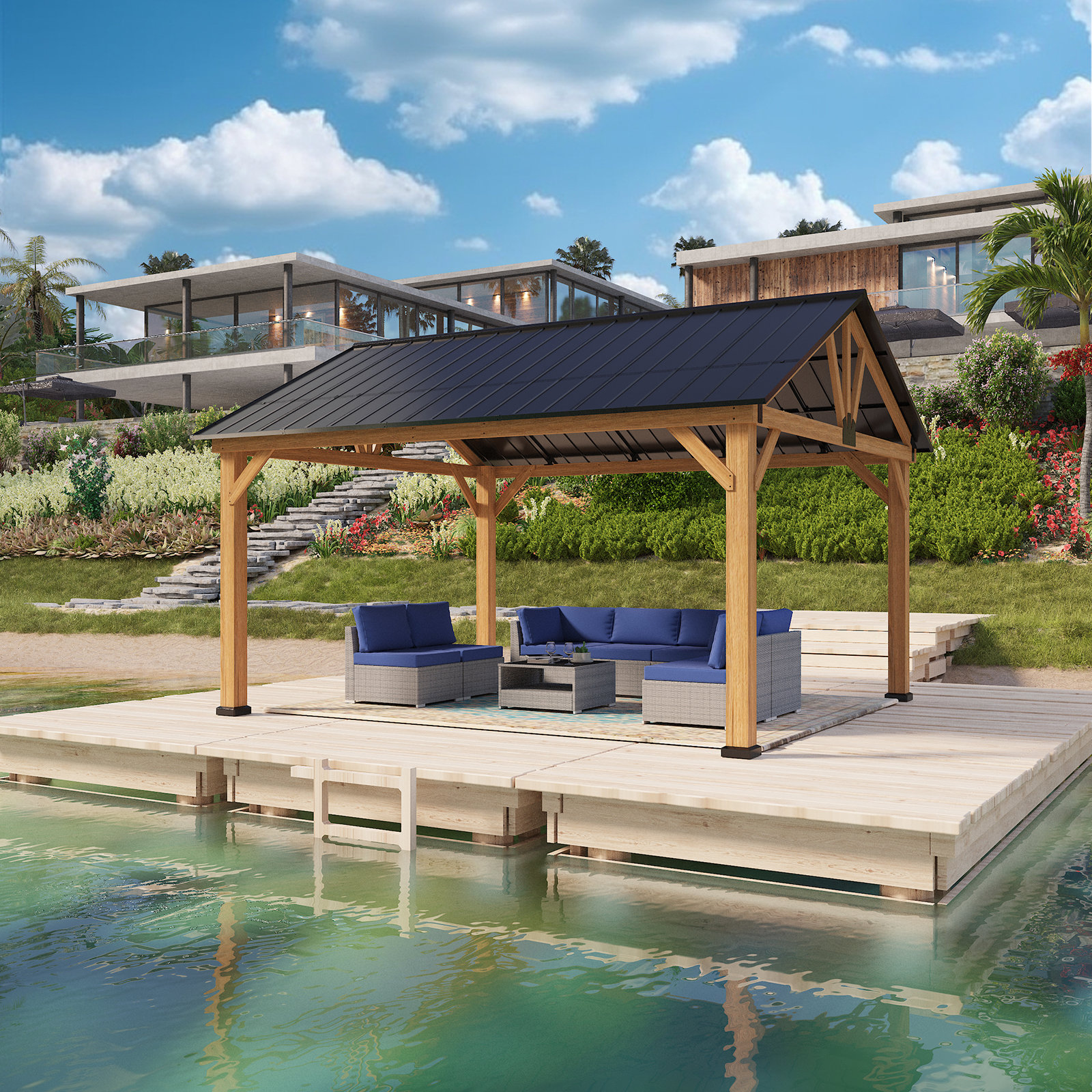 INTER HUT 15 Ft. W x 13 Ft. D Solid Wood Hardtop Patio Gazebo | Wayfair