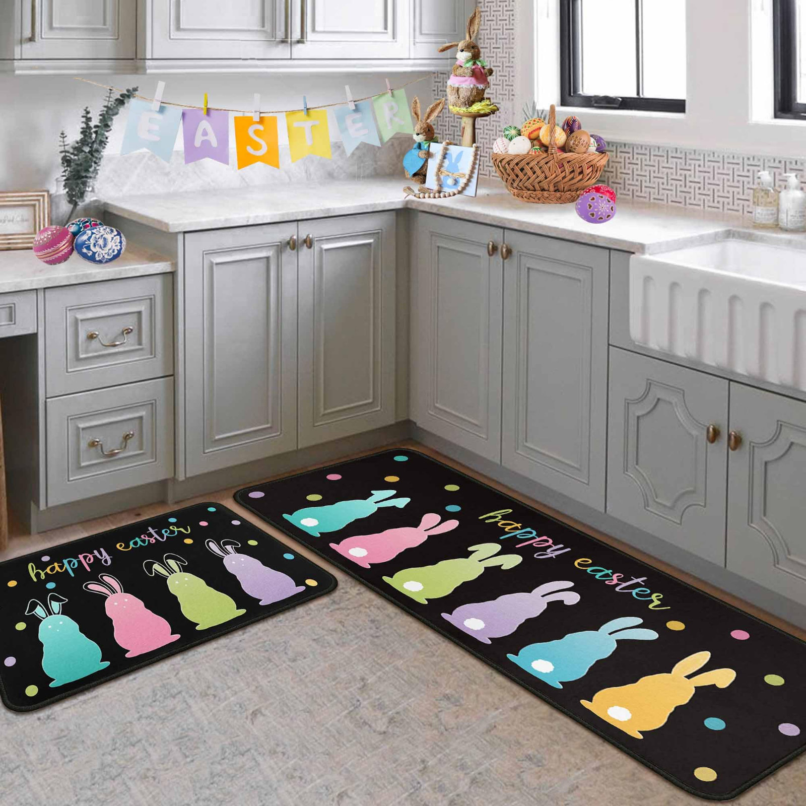 The Holiday Aisle® Happy Easter Bunny Decorative Kitchen Rugs Set Of 2 ...