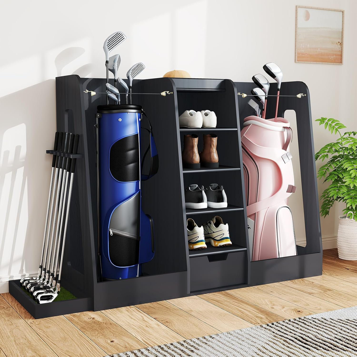 Arlmont & Co. Wooden Golf Bag Organizer And Storage Rack, Holds 2 Golf ...