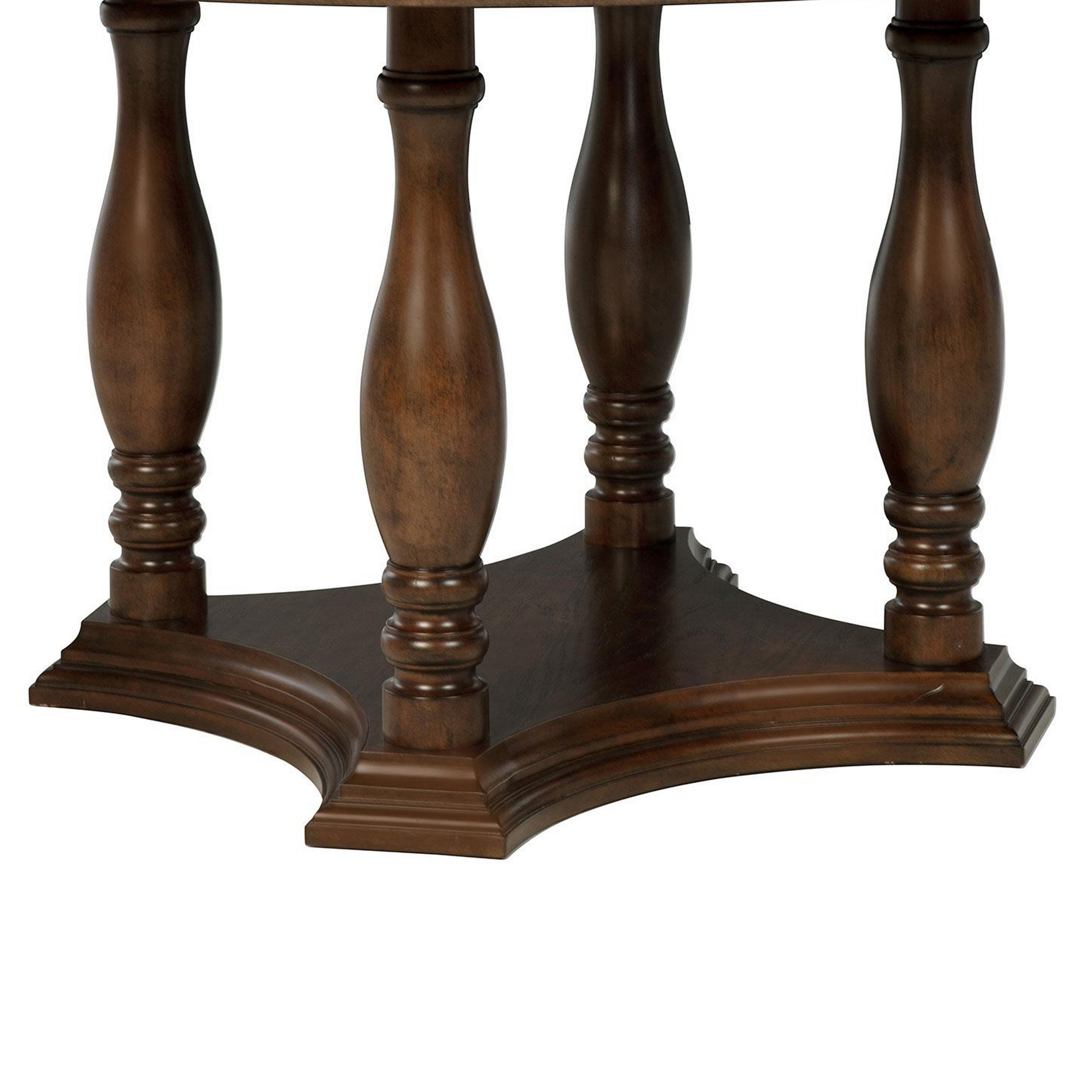 Benjara Monta Round Dining Table, Turned Legs And Shelf, Brown Wood 60 ...