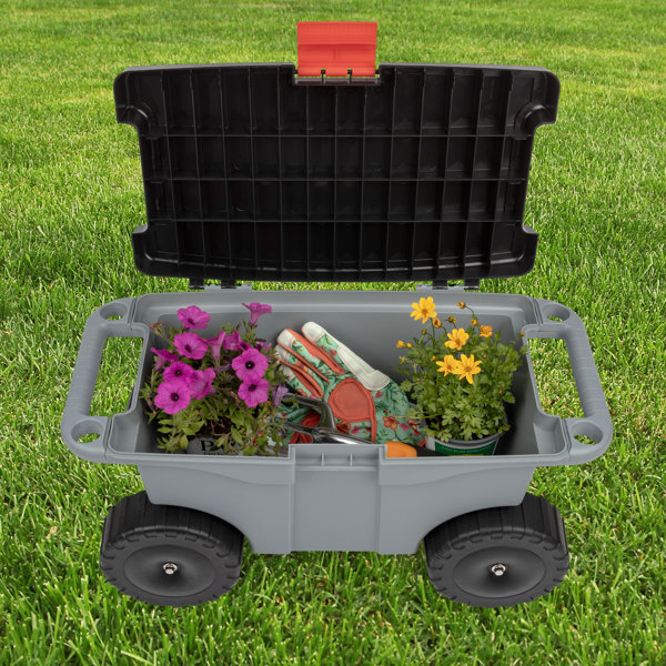 Pure Garden Rolling Garden Cart with Seat - Plastic Storage with Bench ...