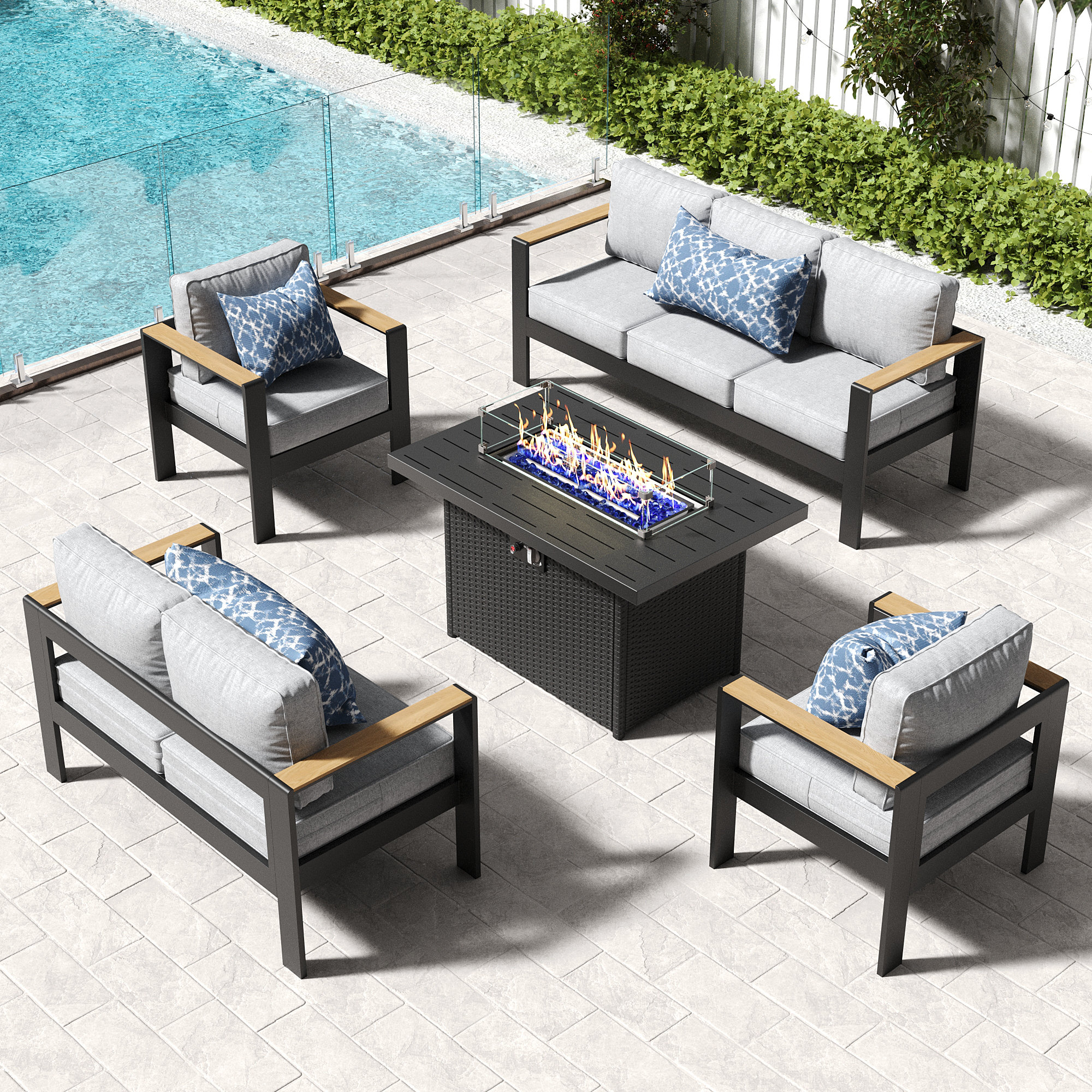 Latitude Run® Outdoor Aluminum Furniture Set with Fire Pit Table ...