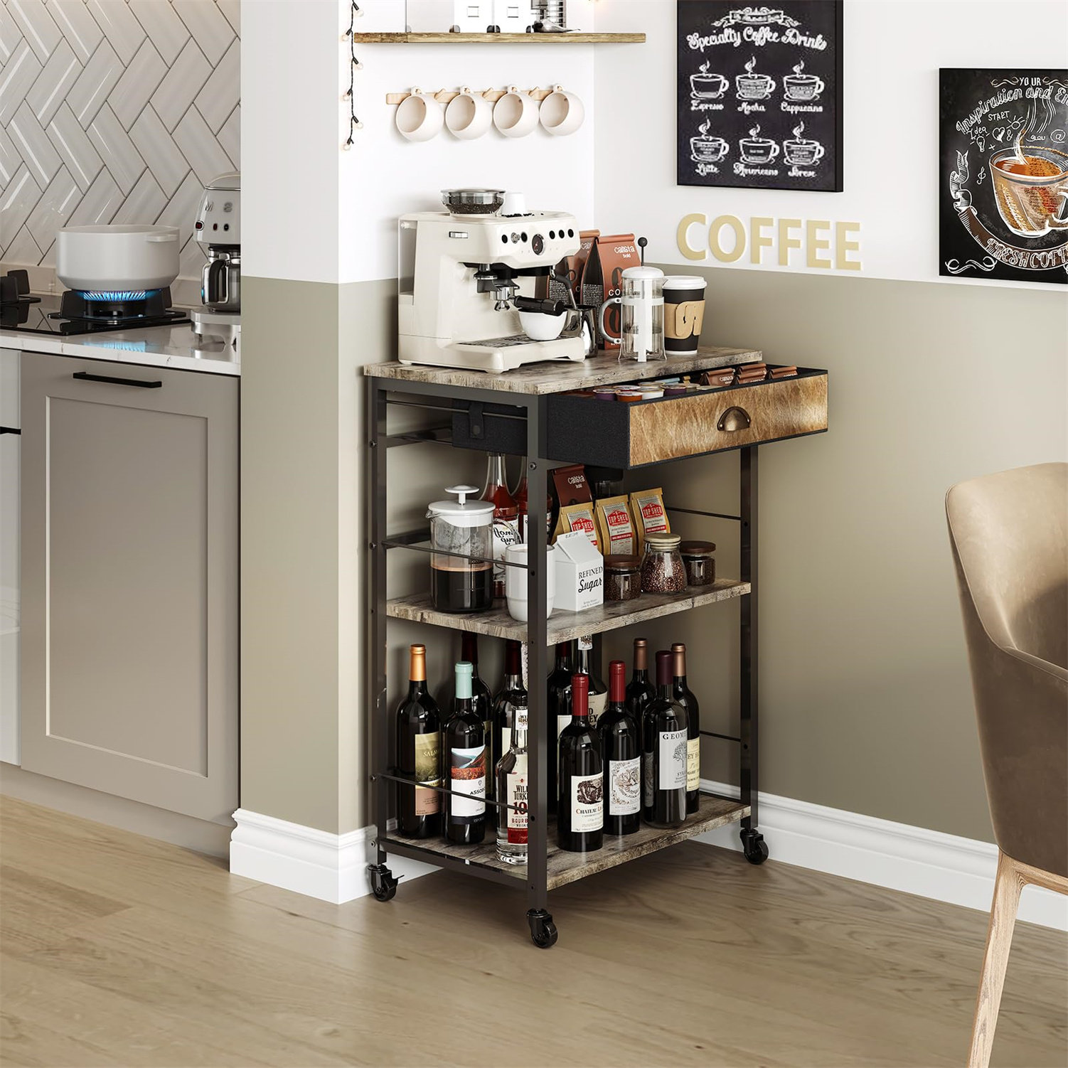 17 Stories Vintage Farmhouse Coffee Bar Table With Storage Drawer ...