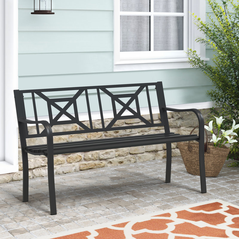 Lark Manor™ Metal Outdoor Bench With Floral Back | Wayfair