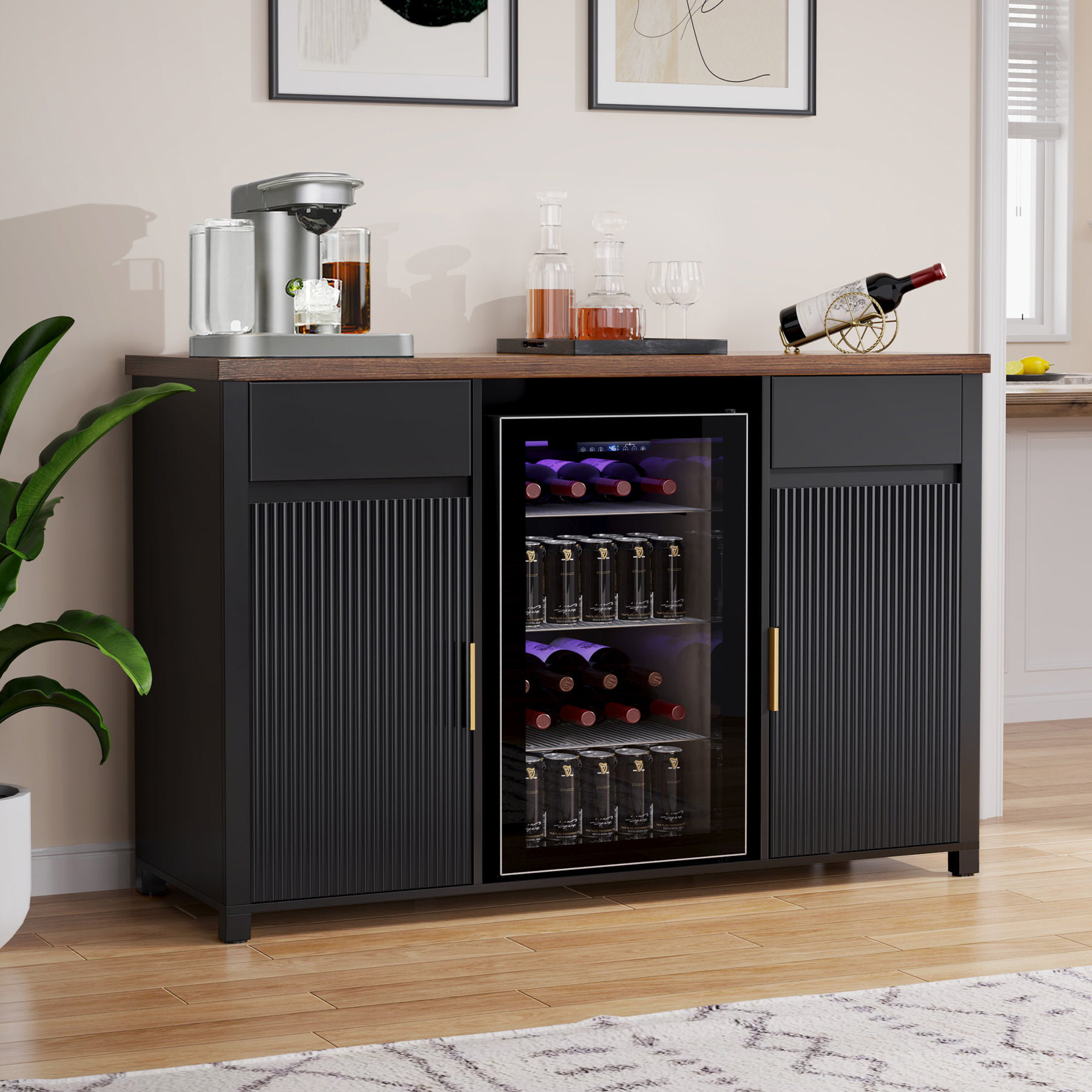 Winston Porter Large Coffee Bar Cabinet with Fridge Space, Mini Fridge ...