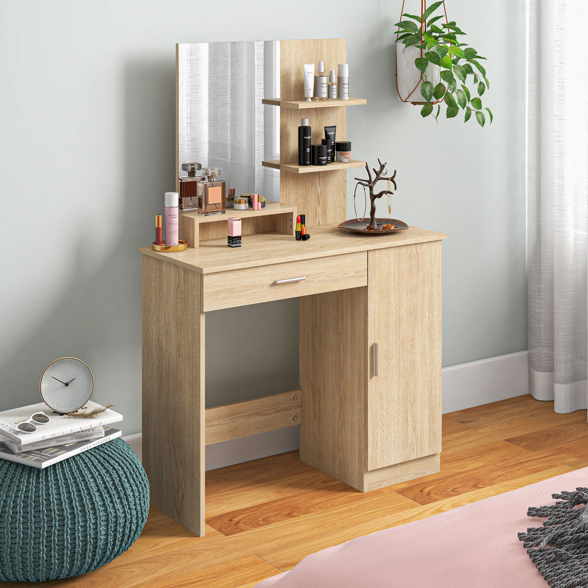 Ebern Designs Vanity Table, Makeup Table with Mirror and Storage ...