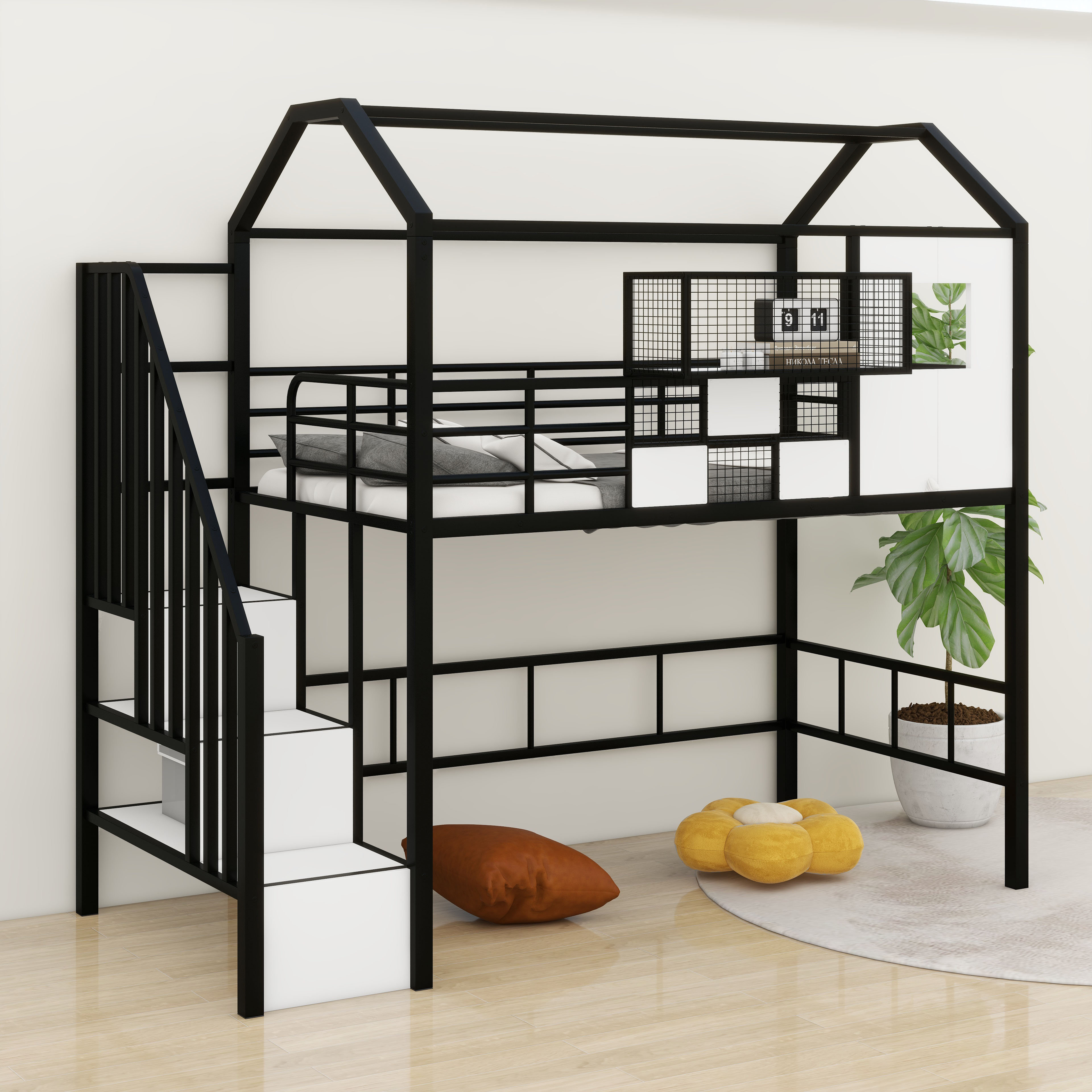 Harper Orchard Janel Metal Loft Bed with Roof Design and a Storage Box ...