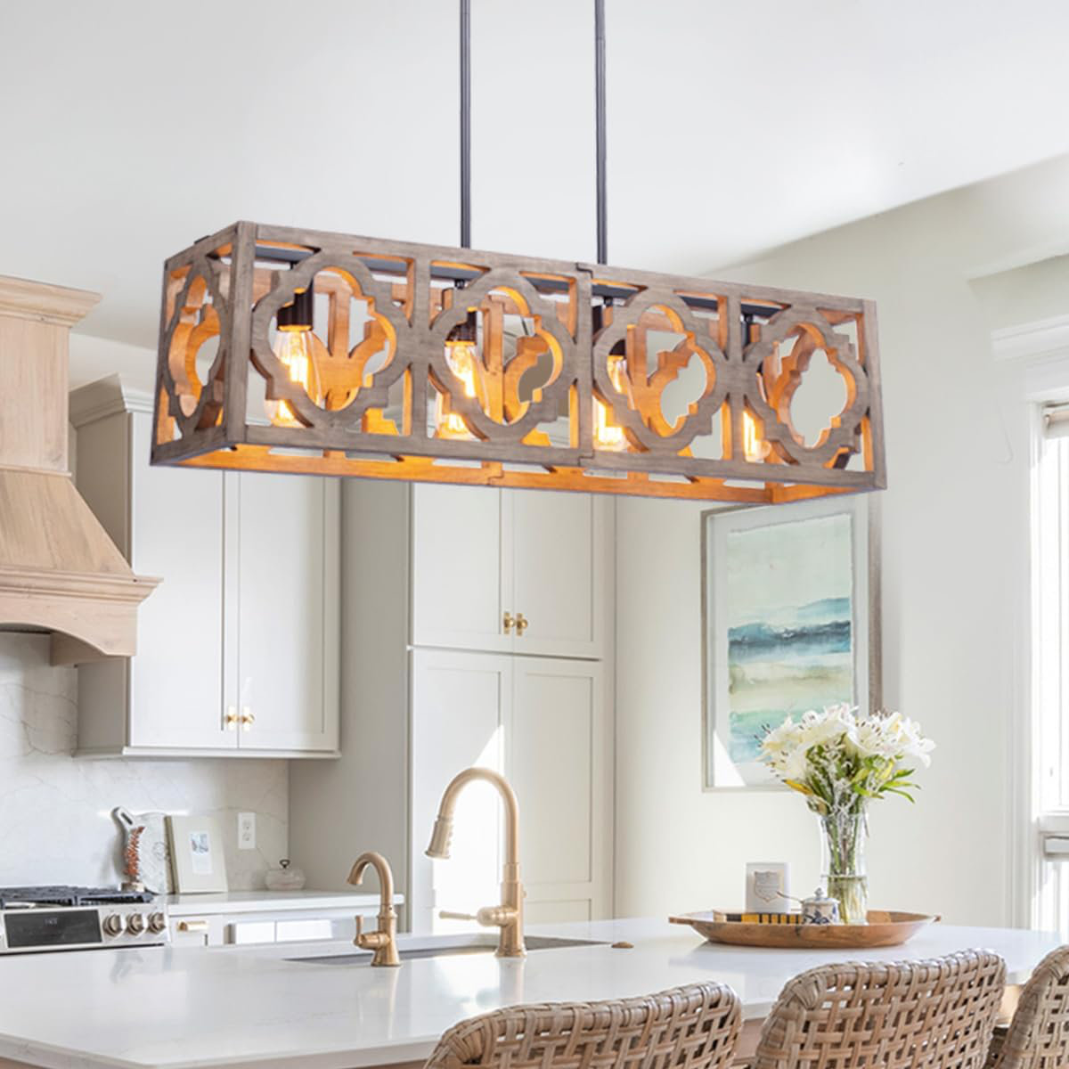 Winston Porter Farmhouse Chandelier 4-Light Rectangle Wood Pendant ...