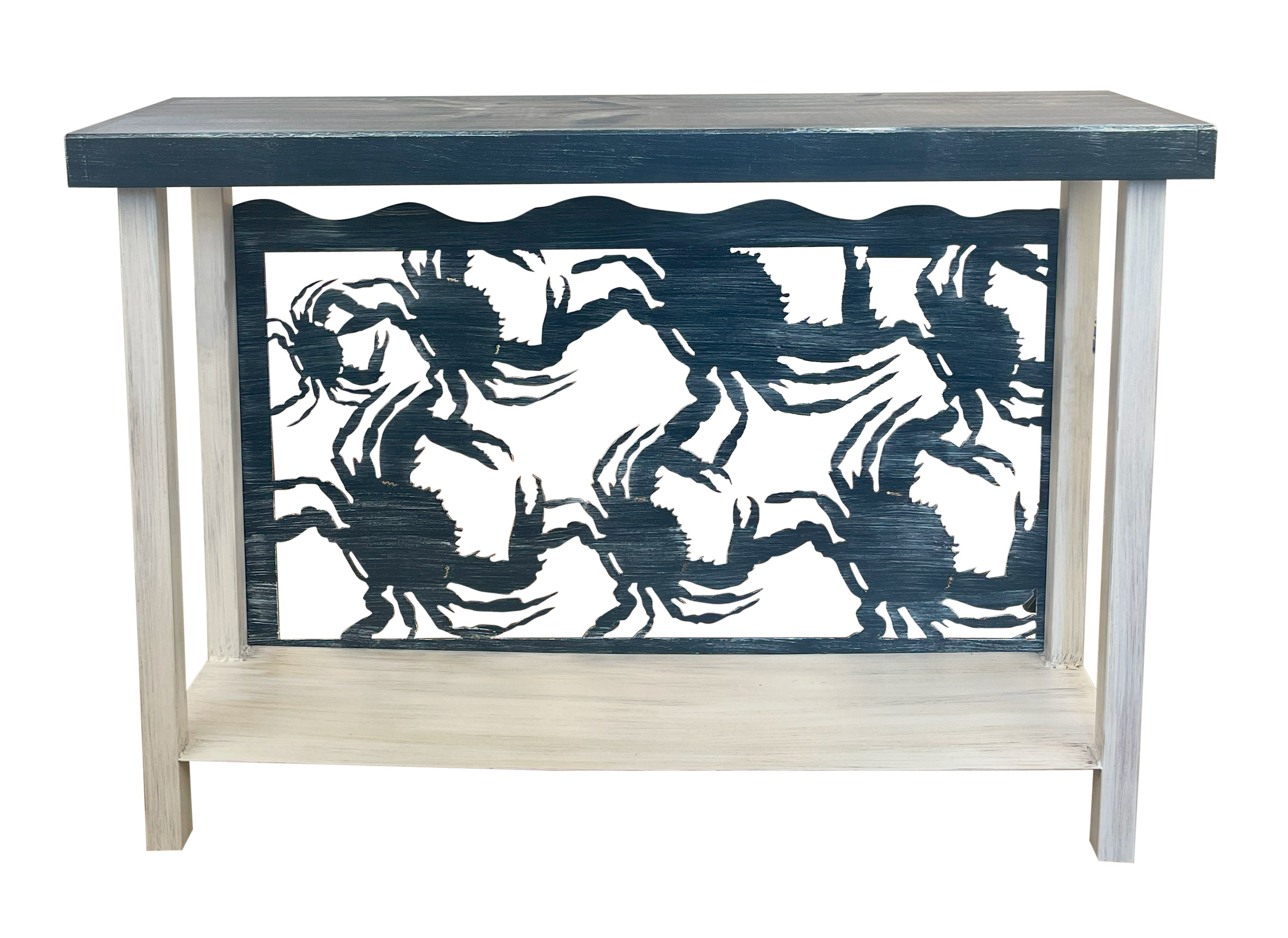 Beachcrest Home™ COTTAGE/NAVY IRON RECTANGLE SOFA TABLE WITH CRAB ACCENT | Wayfair