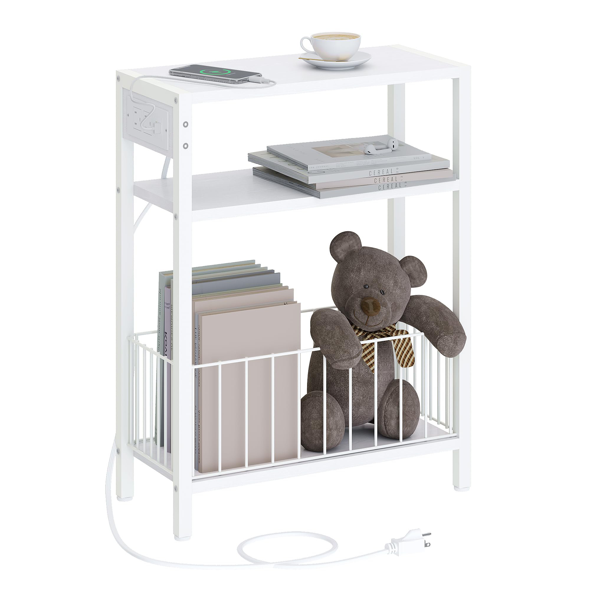 Ebern Designs White Slim Side Table With Charging Station - Ideal ...