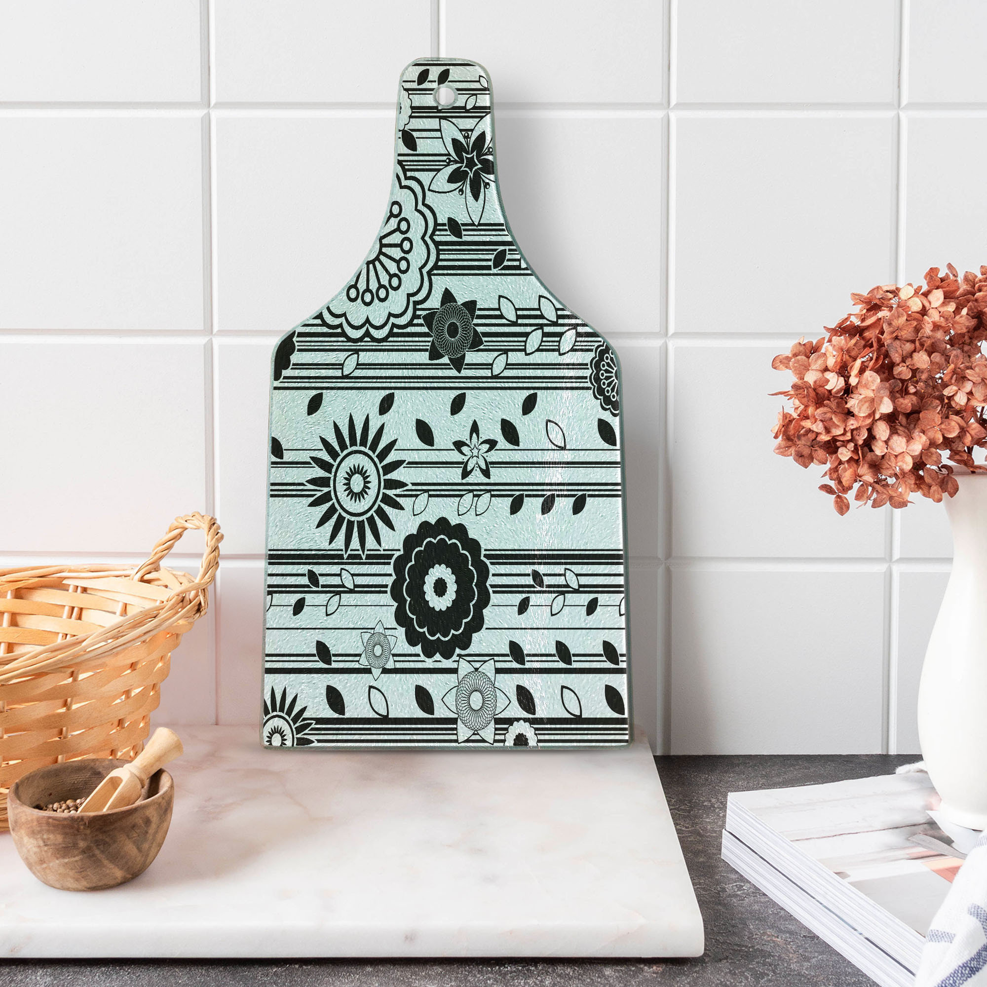 Ambesonne Black and White Tempered Glass Cutting Board Funky Blossoms ...