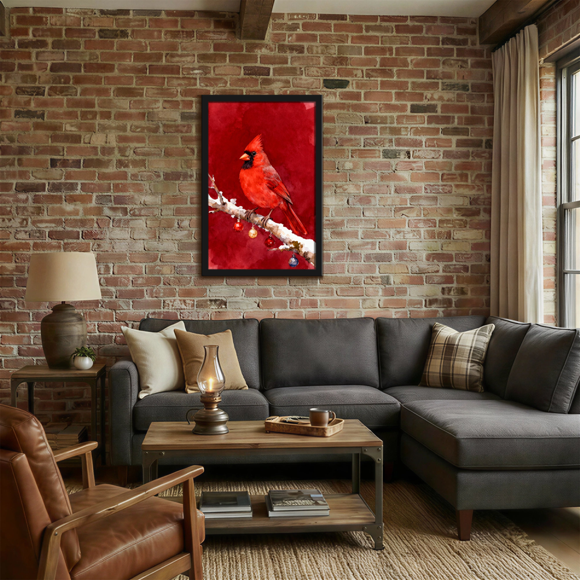 Canora Grey Christmas Red Cardinal On Snowy Branch With Ornaments | Wayfair