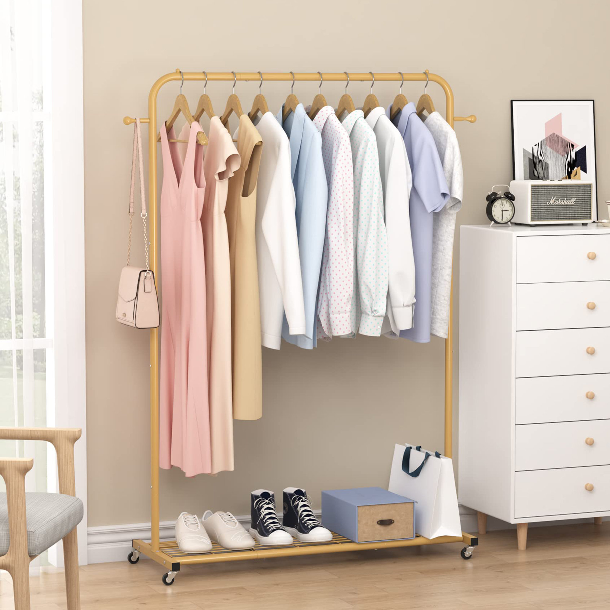 Everly Quinn Movable Metal Clothes Rack with Storage Shelves | Wayfair