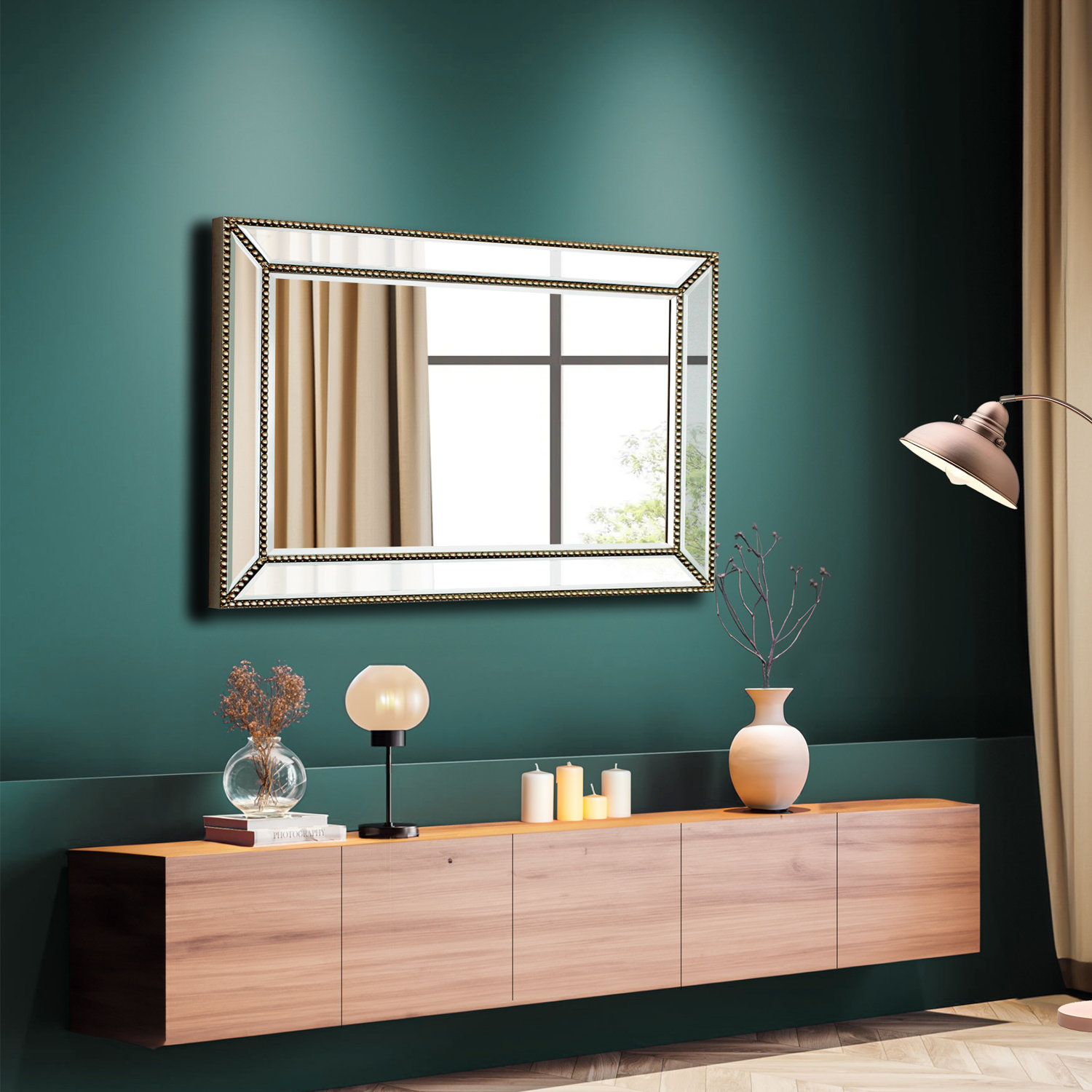 Everly Quinn Clous Rectangle Vintage Look Glass Wall Mirror with Beaded ...