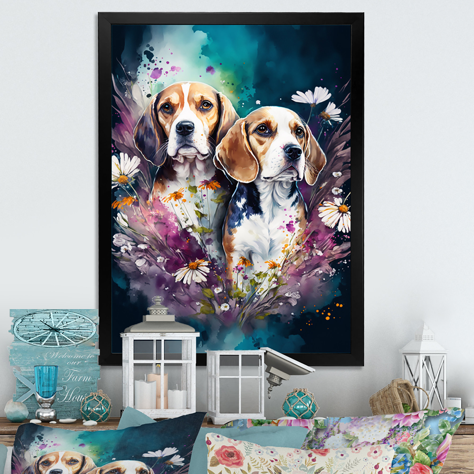 Red Barrel Studio® " Cute Beagles Floral " Painting Print | Wayfair