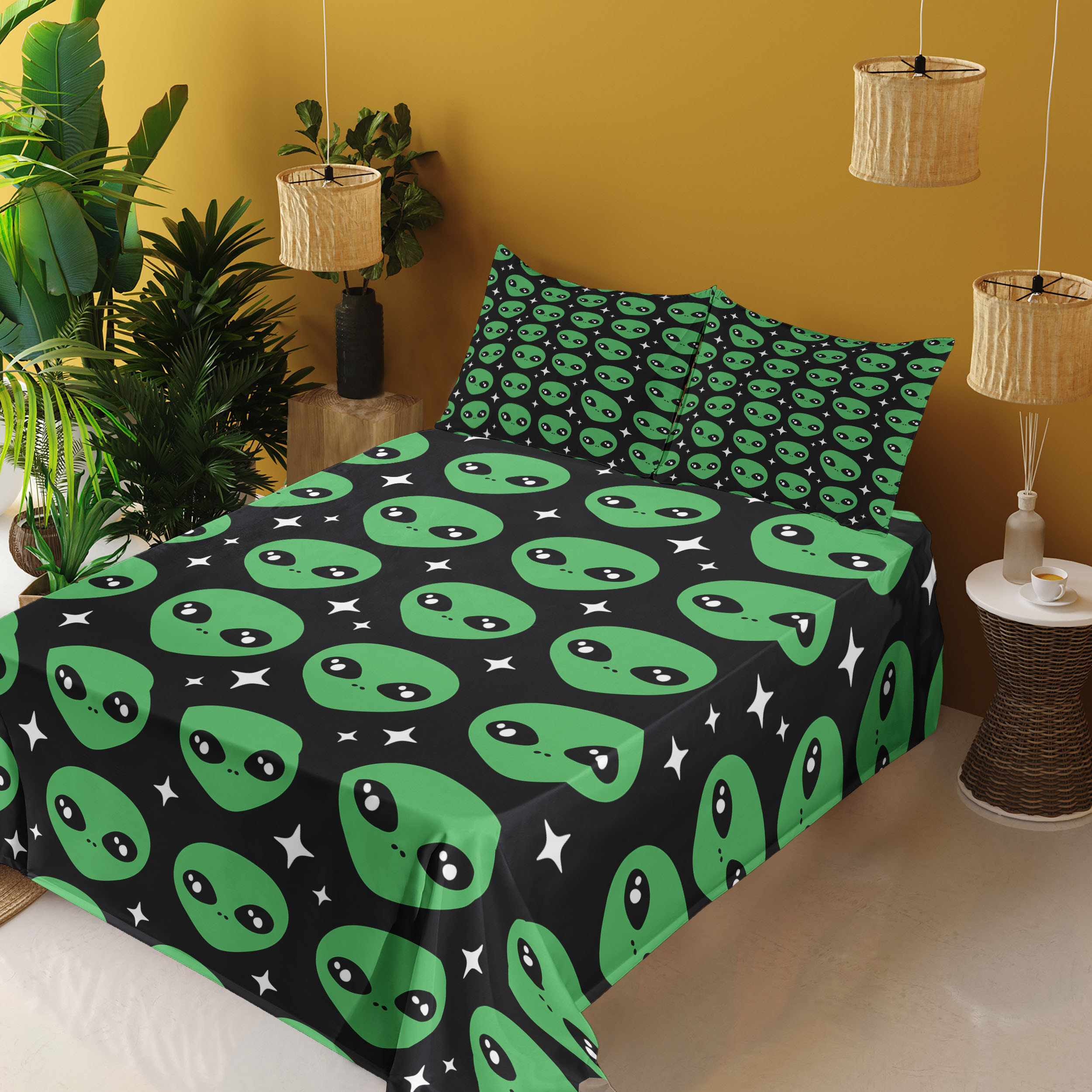 Ambesonne Alien Sheet Set Stars Extraterrestrial Faces Green Charcoal ...