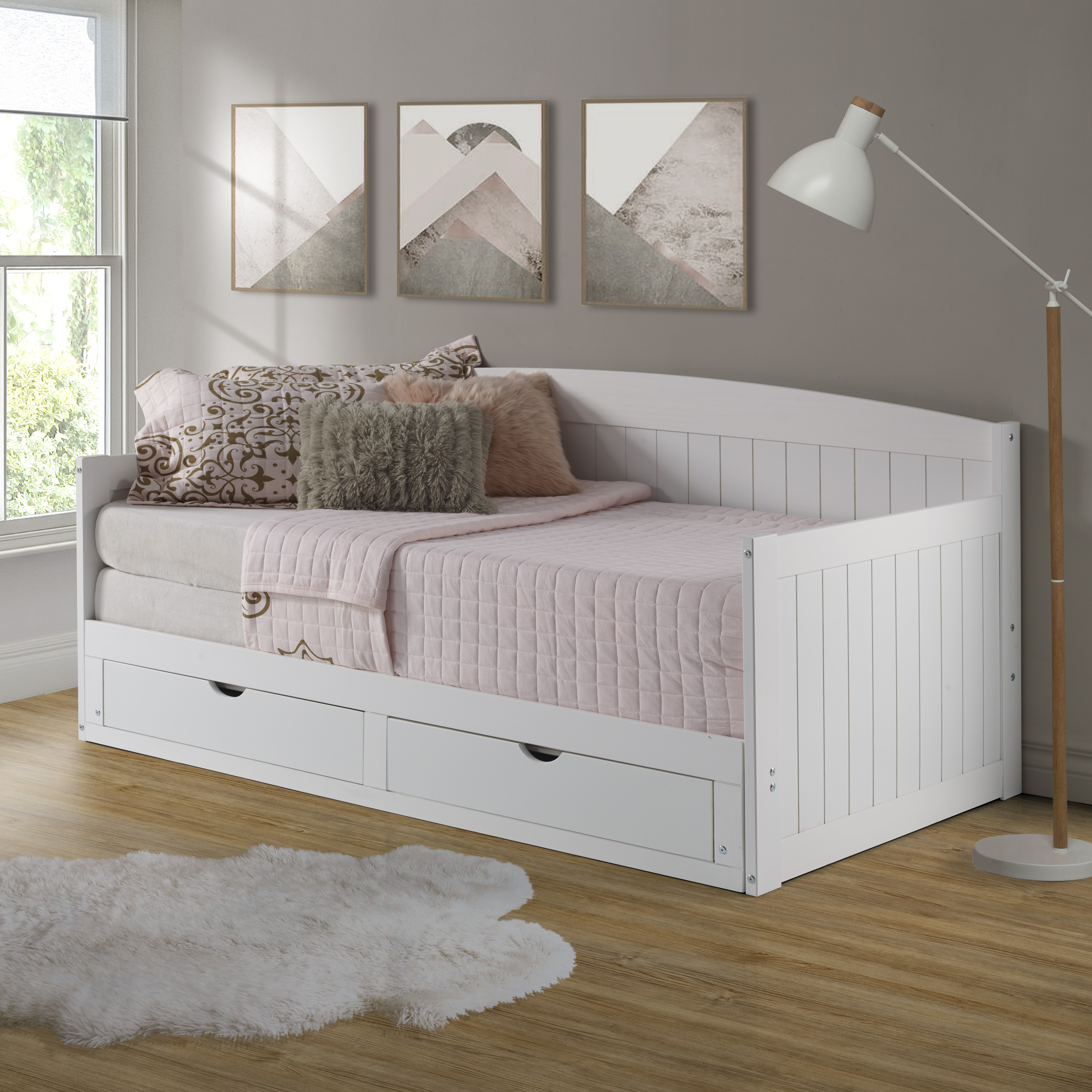 Rosecliff Heights Beckett Furniture Harmony Wood Daybed Single White Brazilian Pine Trundle Bed for Sleepovers with Kids 2 Pull Out Drawers 440 lbs Weight Capacity Twin Size Bed Modern Sturdy Durable ...
