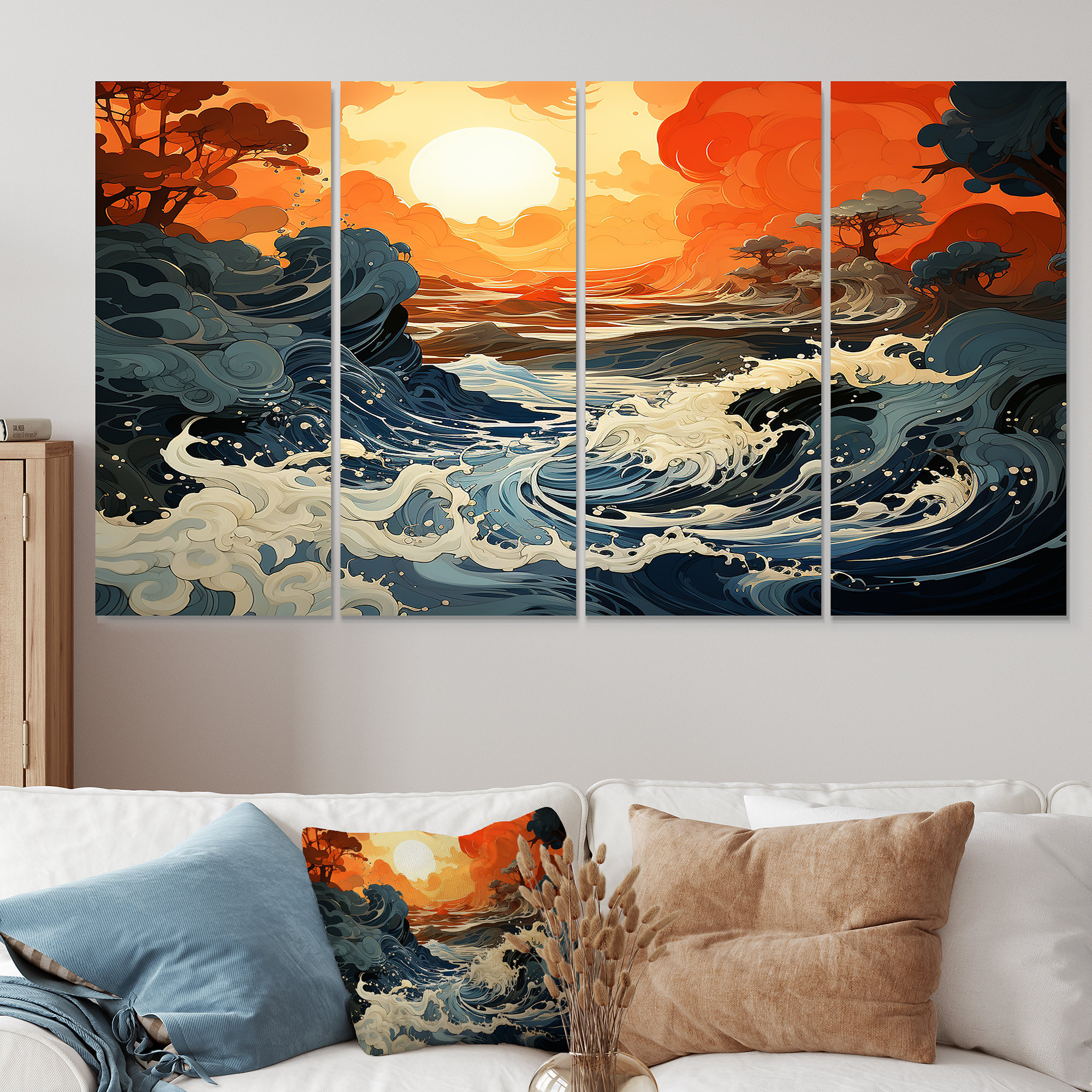Beachcrest Home™ White And Yellow Sunset Waves - Coastal Sunset 4 Piece ...