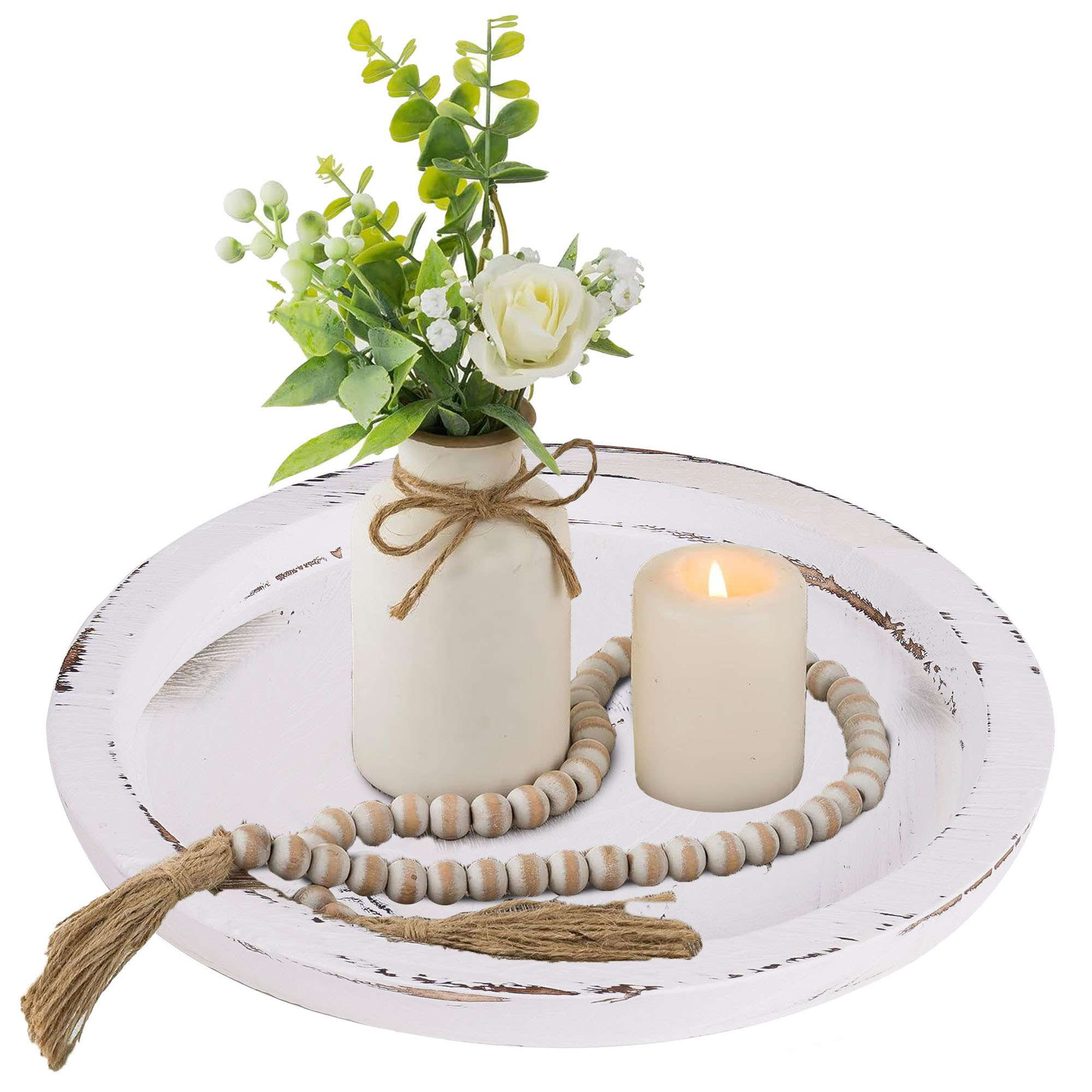 Gracie Oaks Rustic Wooden Serving Tray - Round Wood Butler Decorative ...