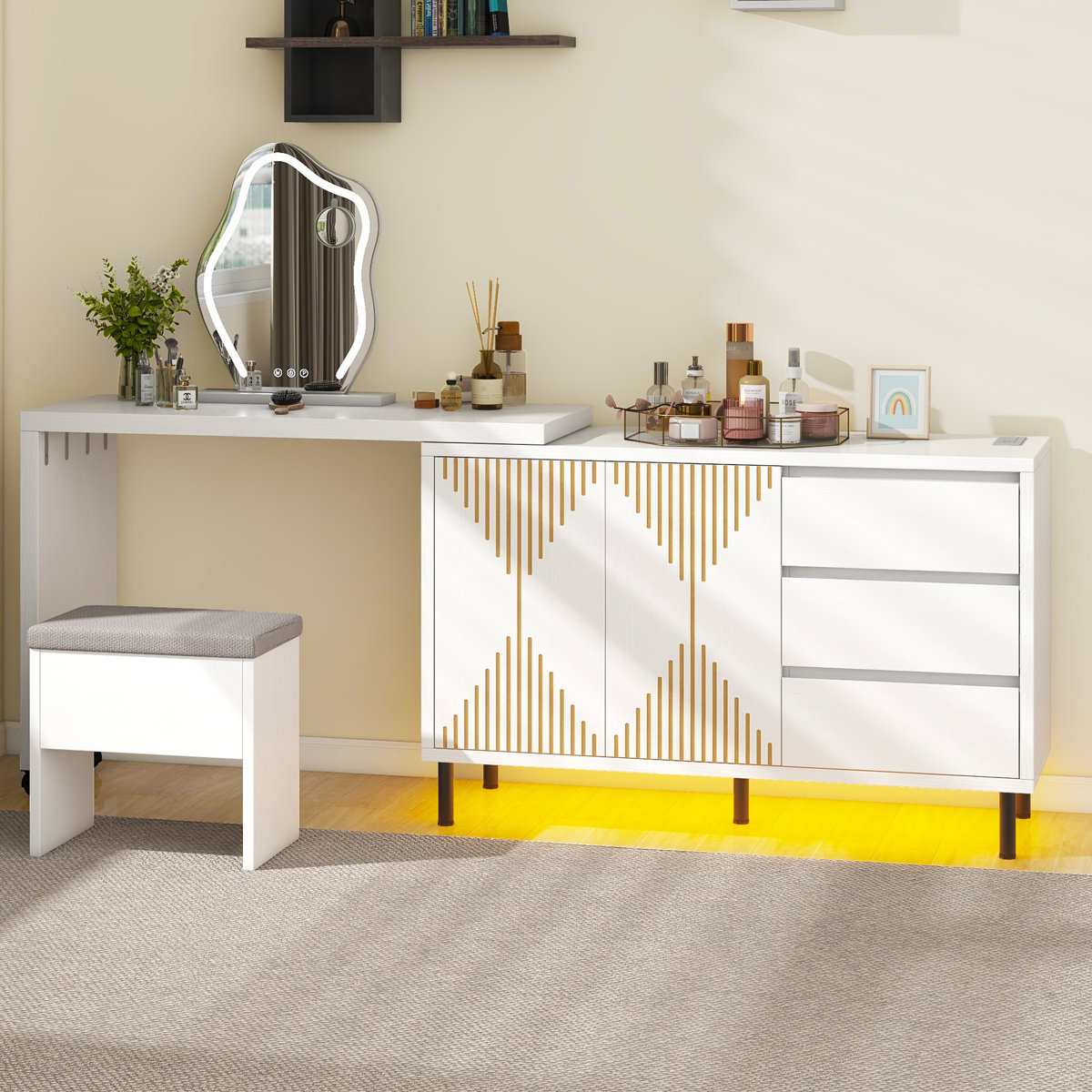 Wrought Studio™ LED Light Extendable Vanity Desk With Stool And Power ...