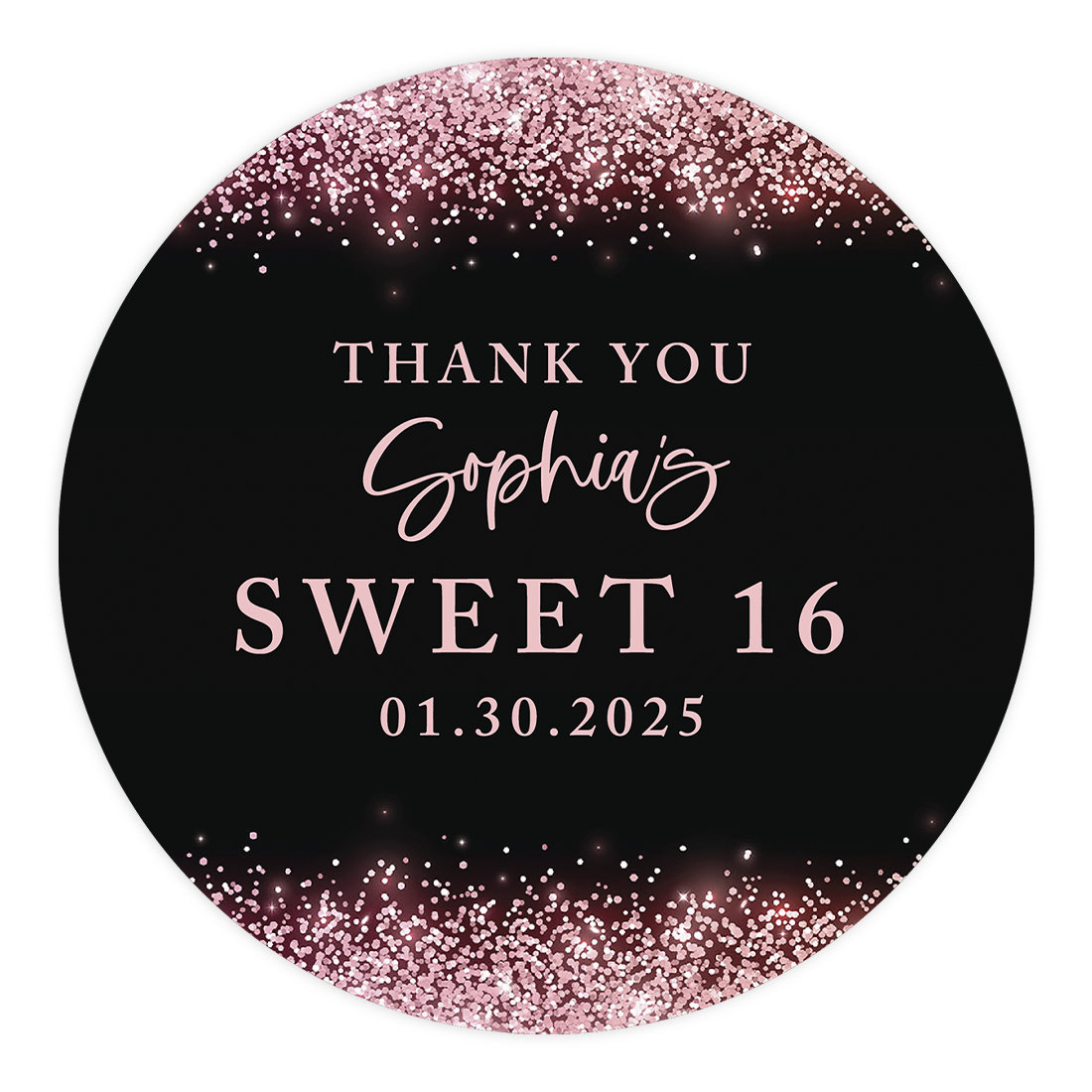 Koyal Wholesale Custom Round Sweet 16 Labels, Black & Rose Gold Glitter ...
