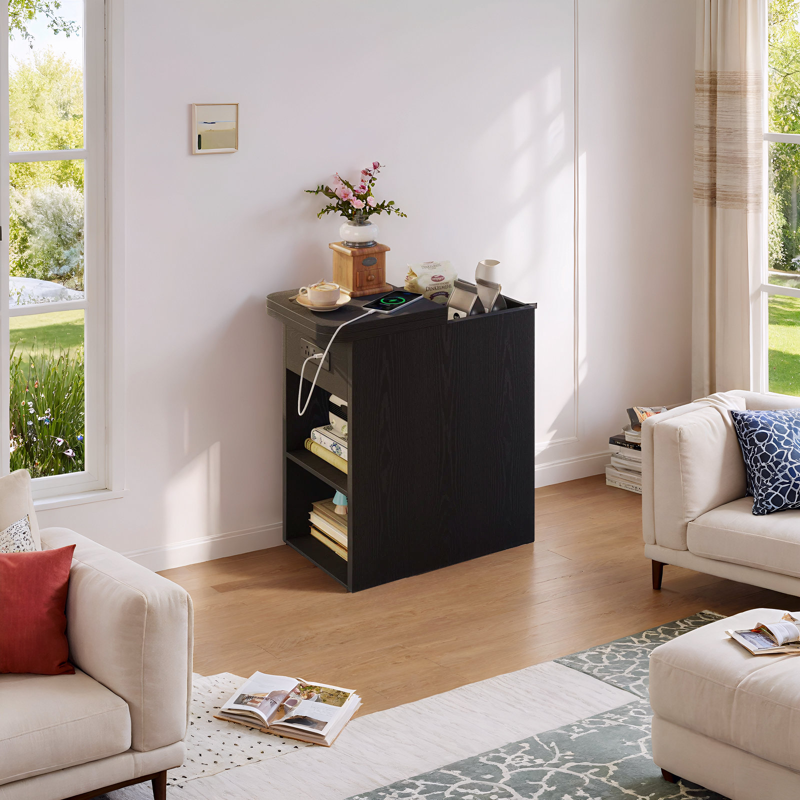 Ebern Designs Narrow Side Table, Small End Tables With Flip Top Storage ...