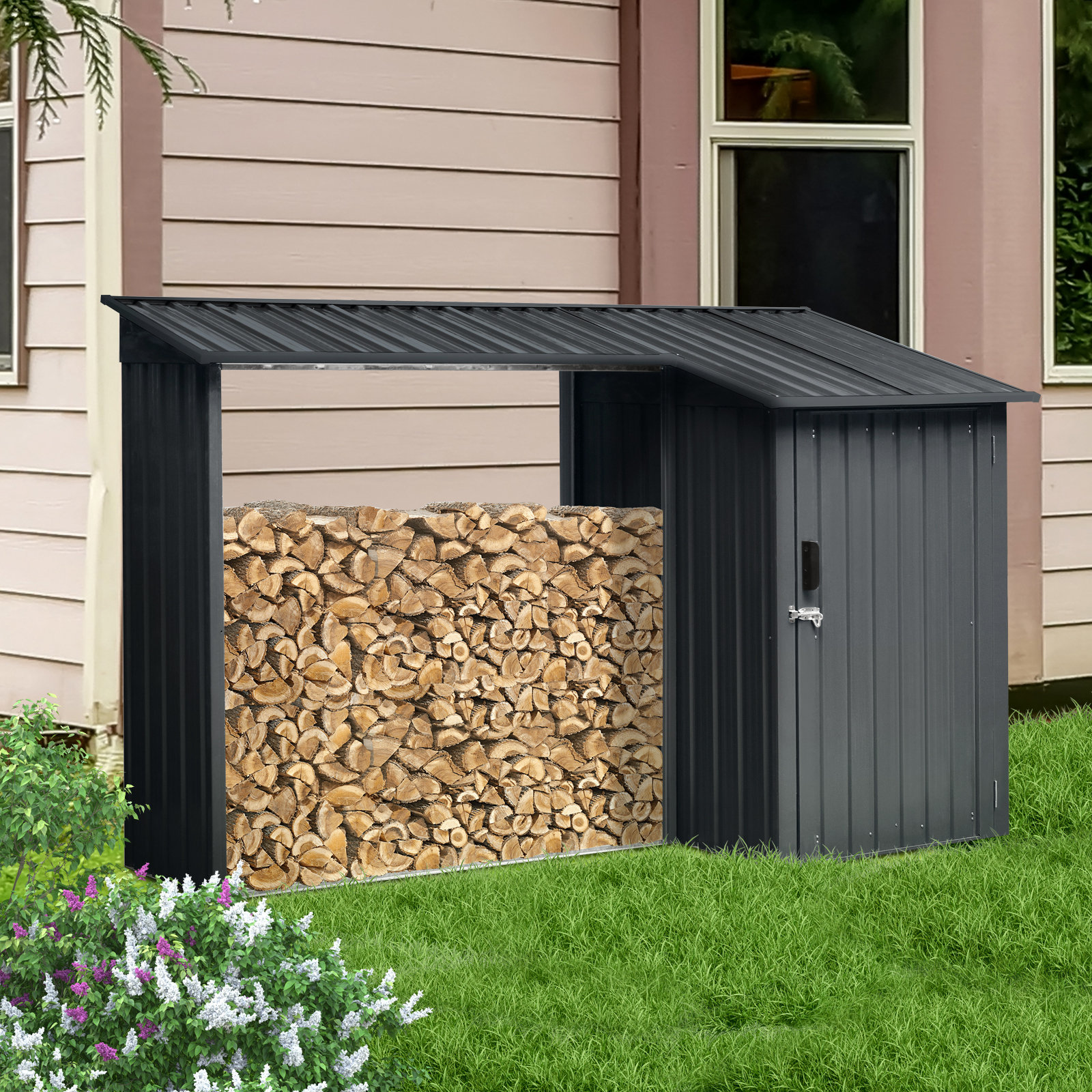 HOA.WWC Outdoor Metal Firewood Rack And Storage Shed Black | Wayfair