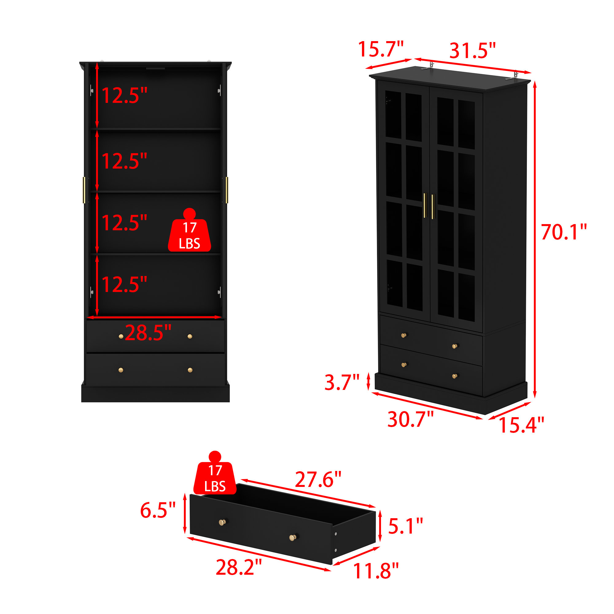 Winston Porter Display Cabinet With Tempered Glass Door And 2 Drawers ...