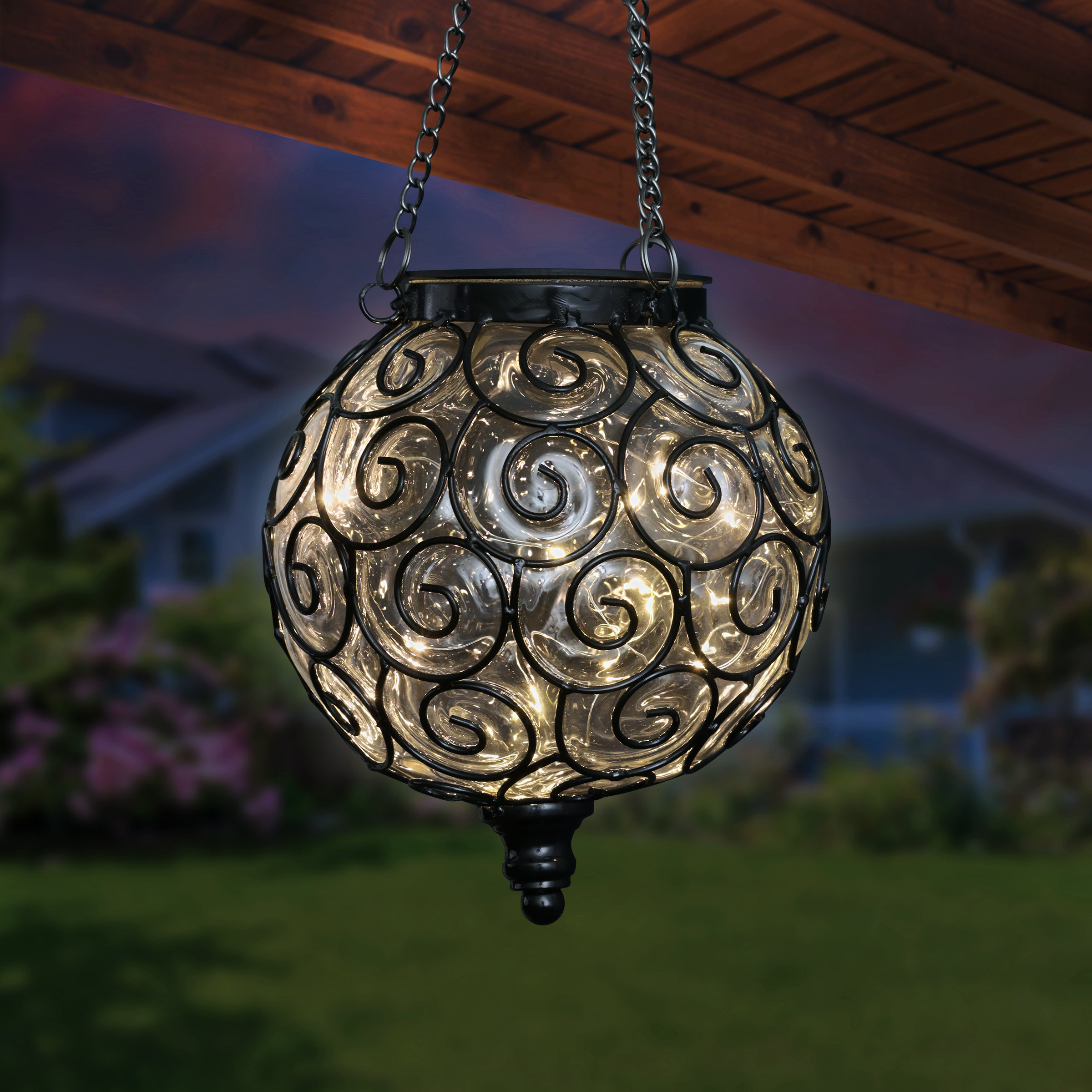 Exhart Solar Round Glass and Metal Hanging Lantern with 15 Cool White ...