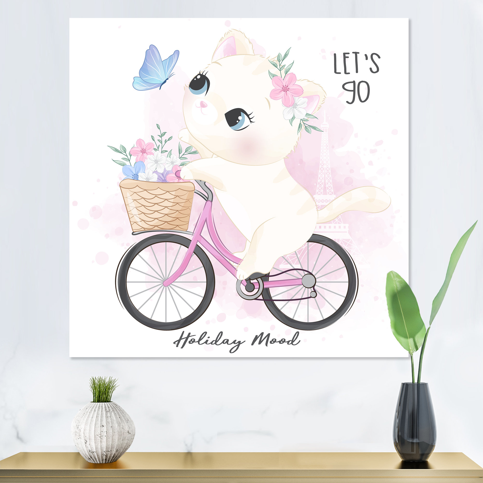 Zoomie Kids Little White Kitty on a Bike - Painting | Wayfair