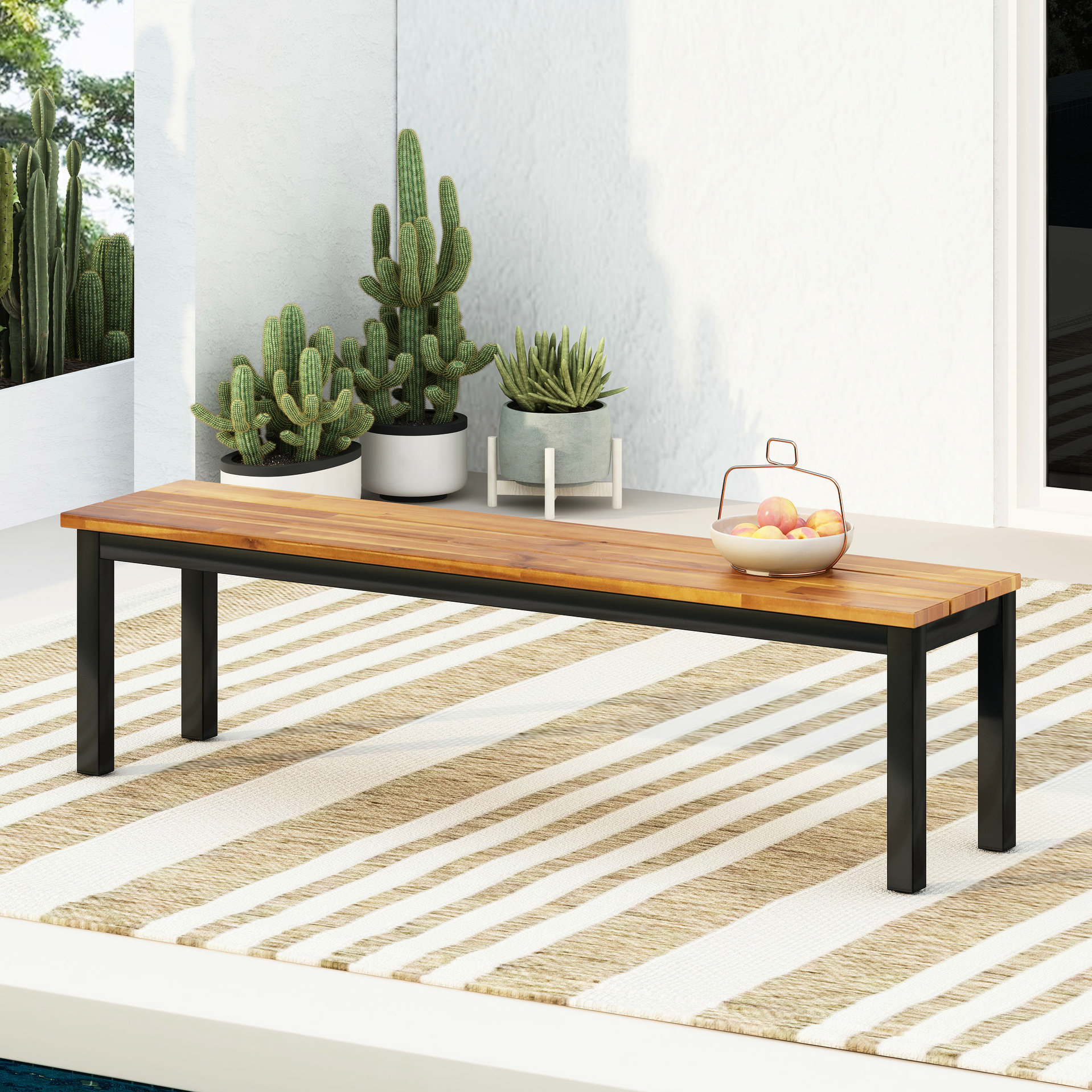 Latitude Run® Classic Wood Bench With Metal Legs For Backyard Setting ...