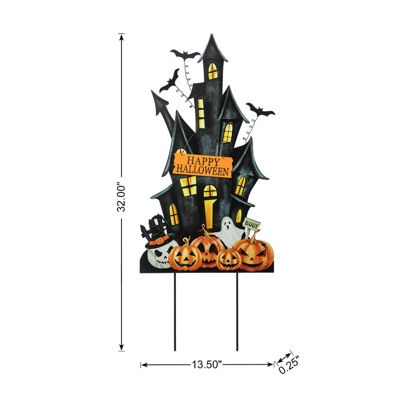 The Holiday Aisle® 32"H Halloween Metal Haunted House Yard Stake | Wayfair