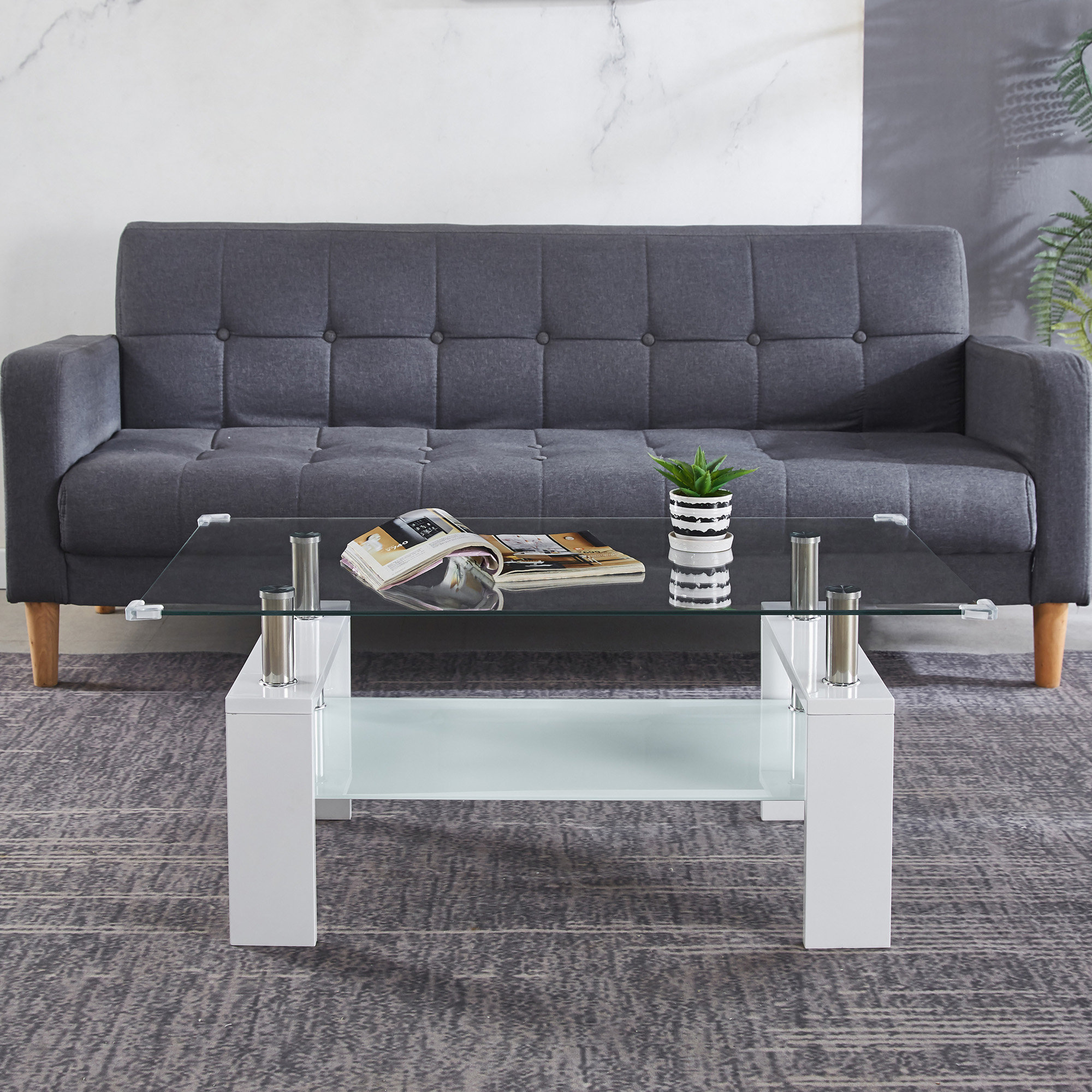 KAQCVIN Center Coffee Table, Tempered Glass Top Stainless Steel Legs ...
