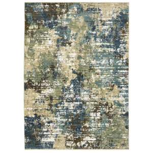 17 Stories Rayan Distresse Abstract Blue/ Green Hi-low Pile Fringed ...