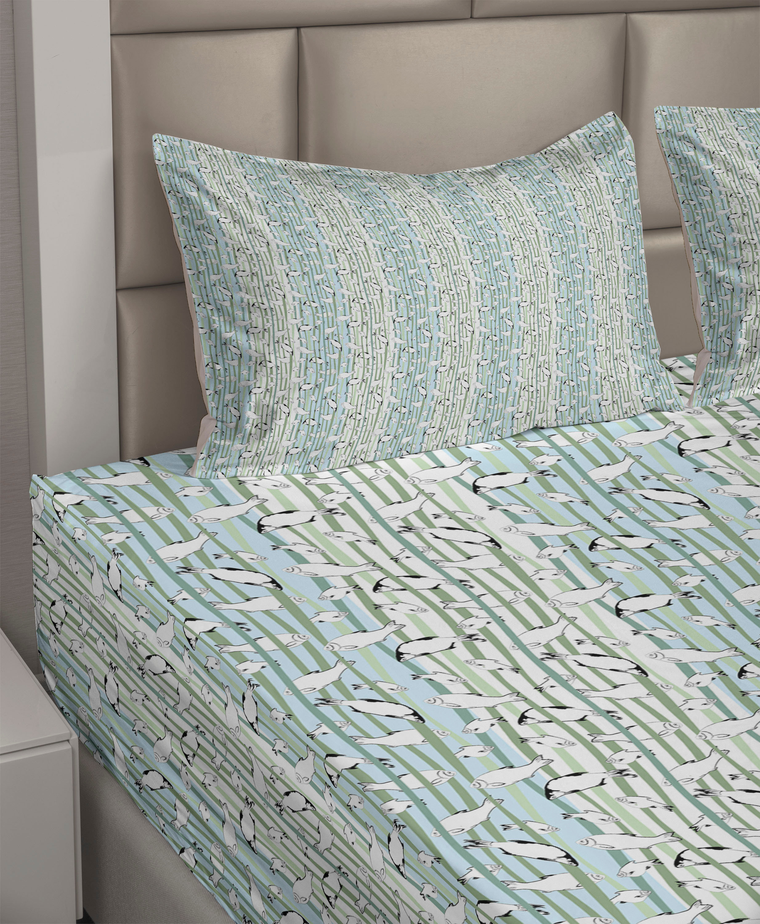 Ambesonne Nautical Sheet Set Wavy Sea Weeds and Fish Pistachio Green ...