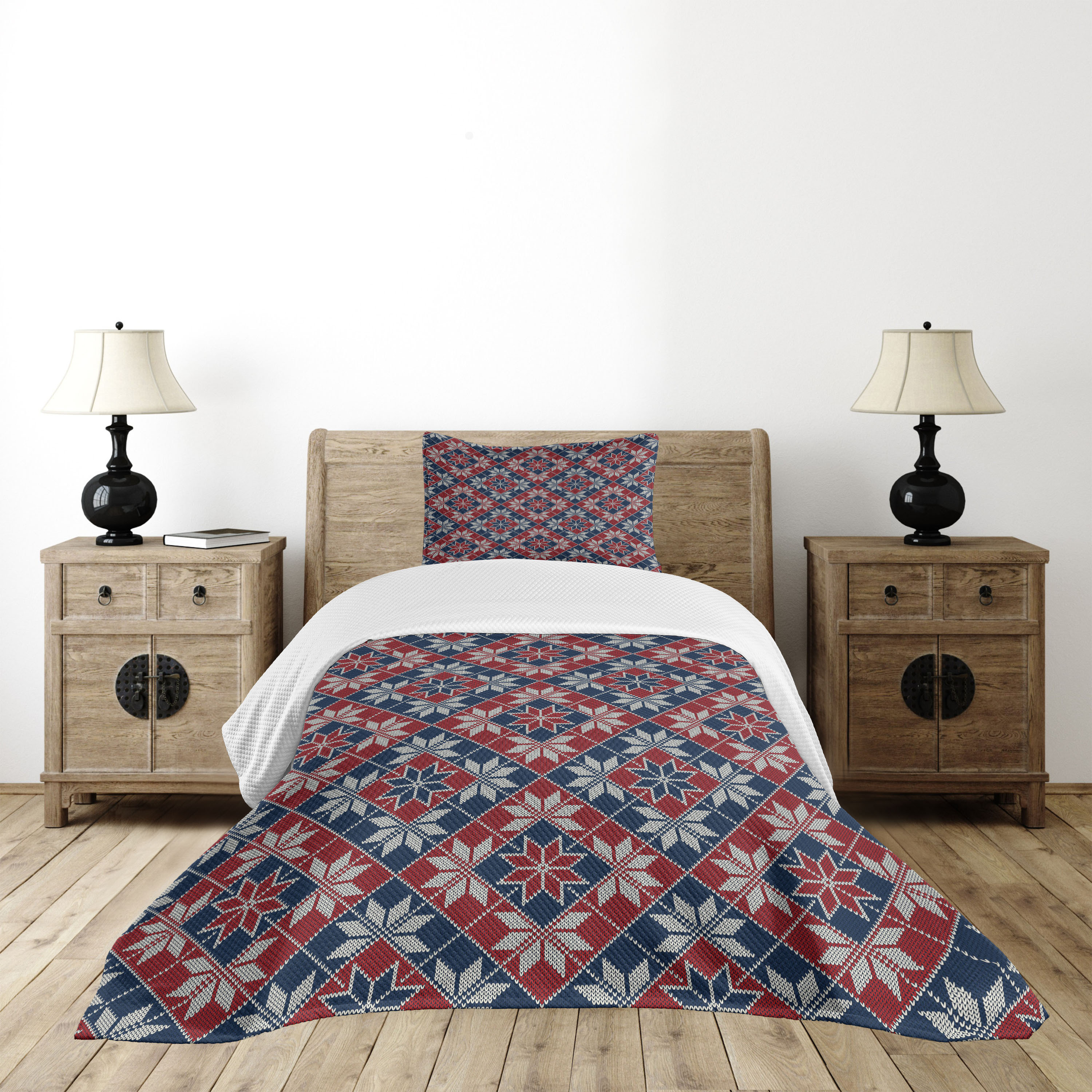 Ambesonne Ambensonne Nordic Bedspread Tartan Geometric Floral Ruby Dark ...
